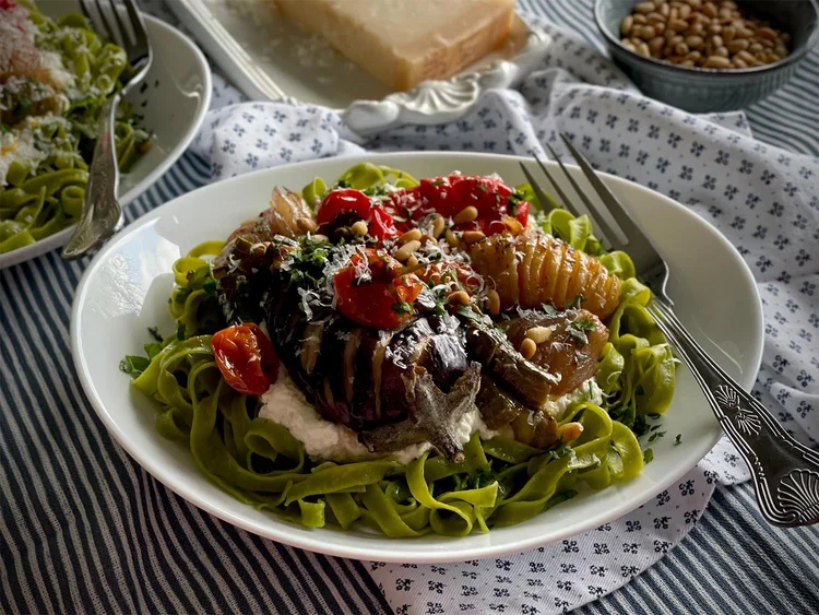 Hasselback Spring Vegetables With Ricotta & Spinach Tagiatelle Recipe ...