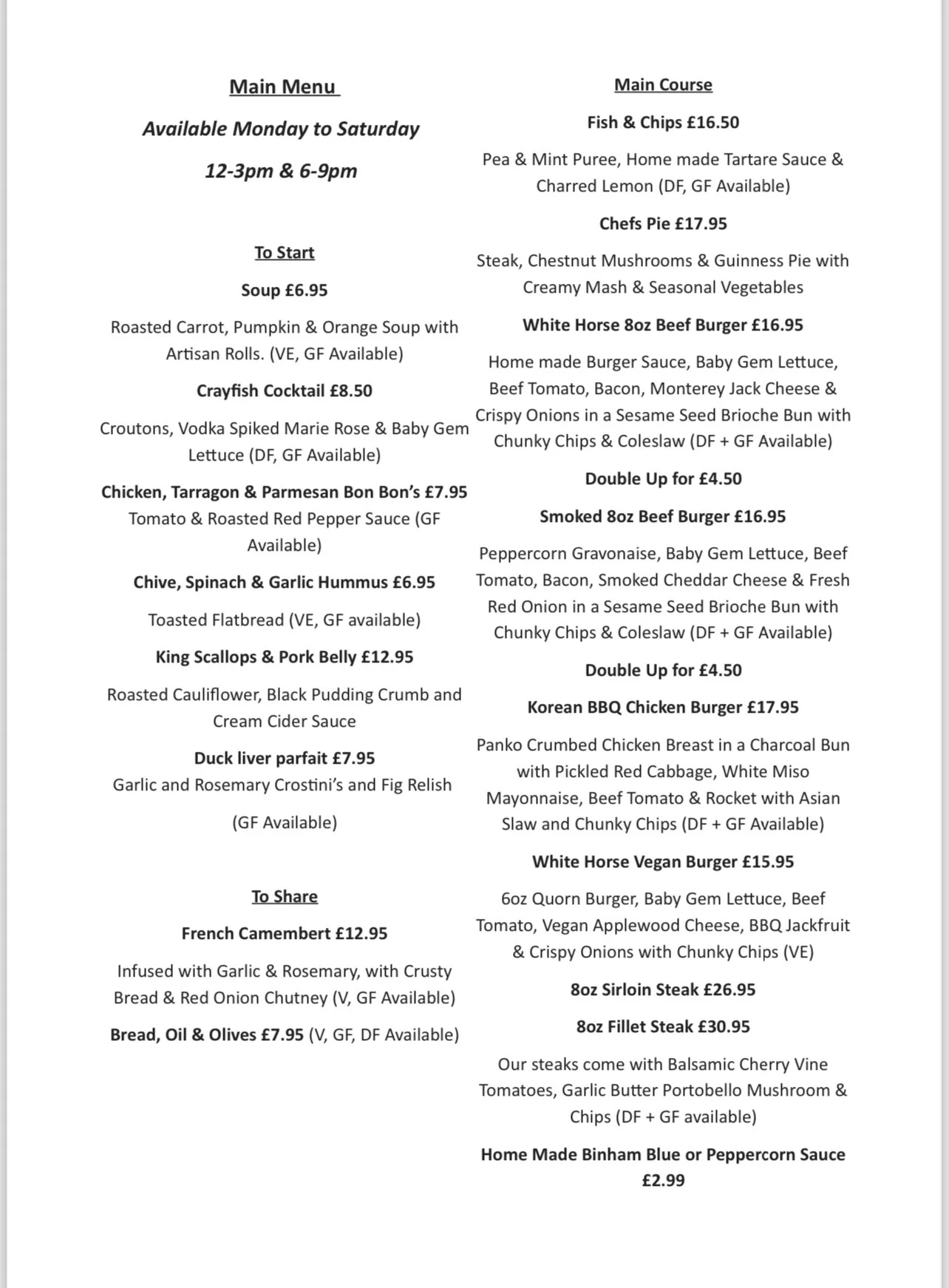 Menu — The White Horse