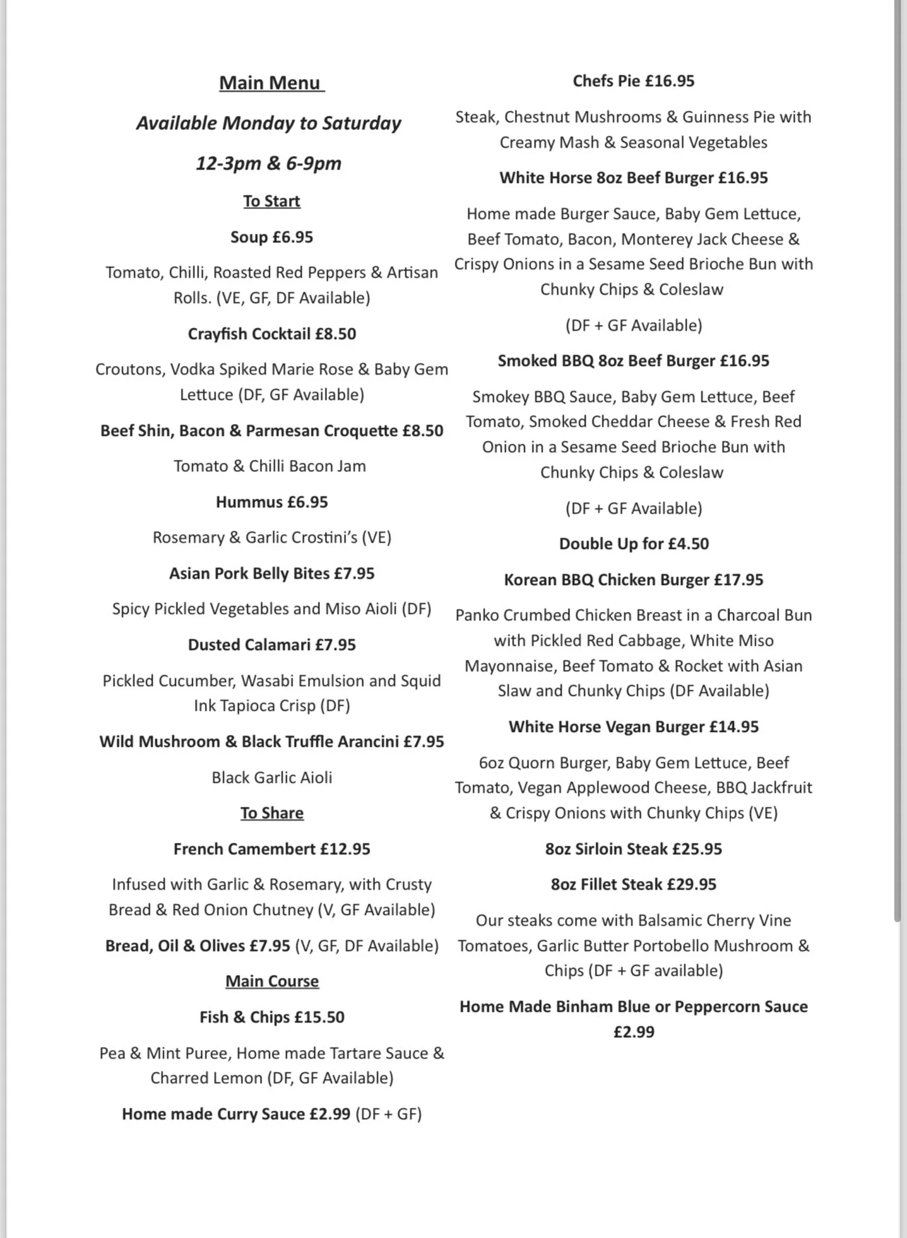 Menu — The White Horse