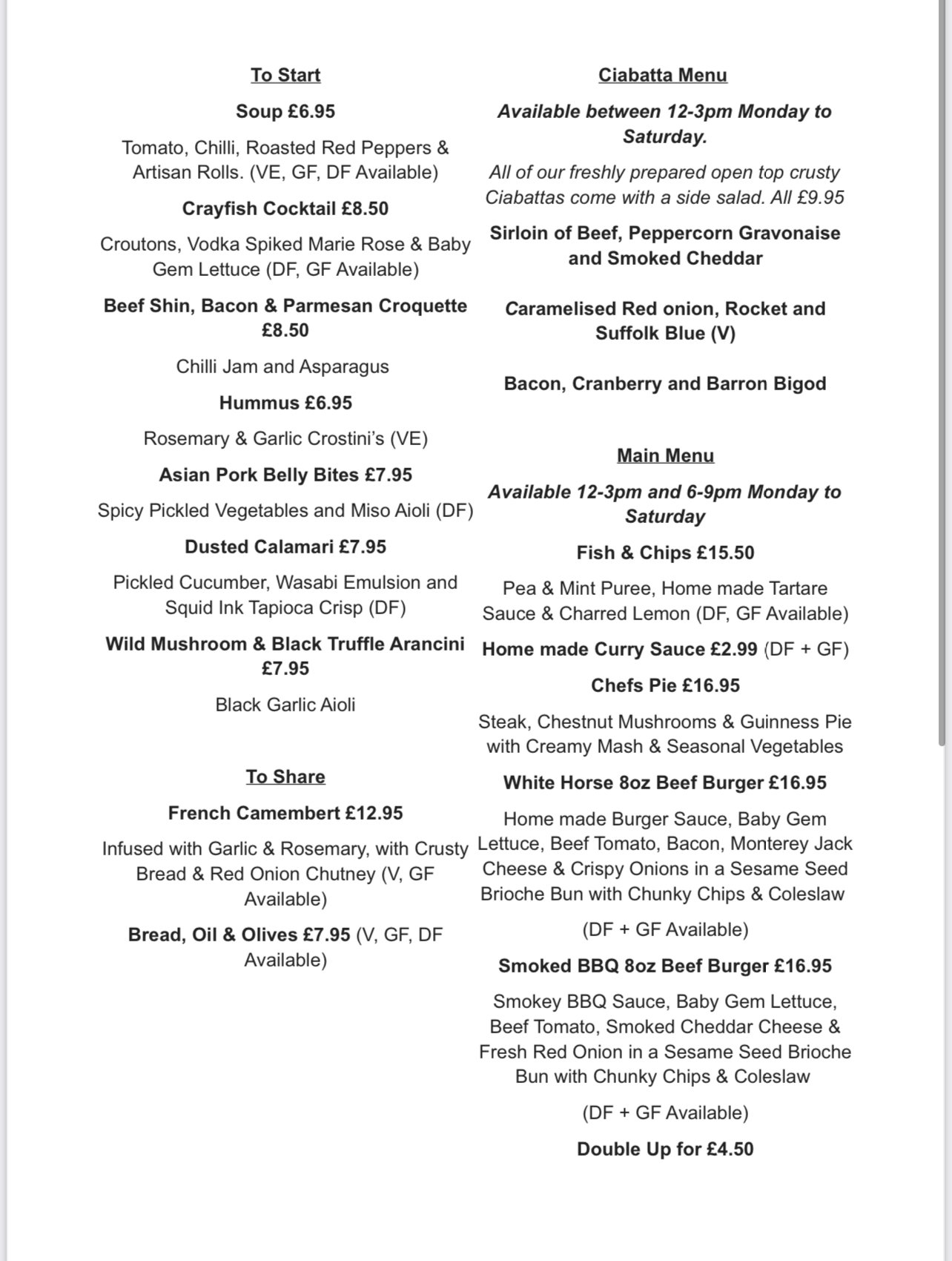 Menu — The White Horse