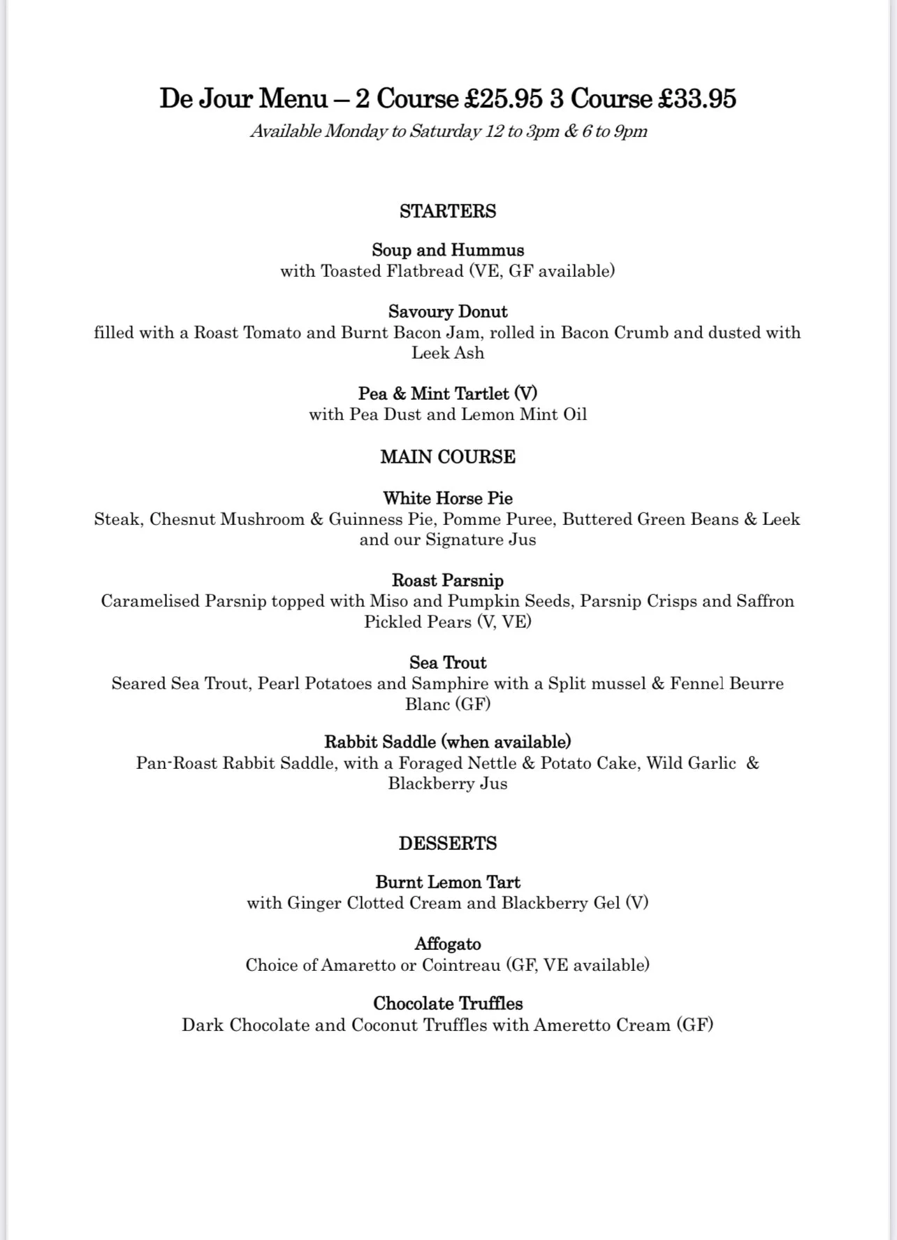 Menu — The White Horse