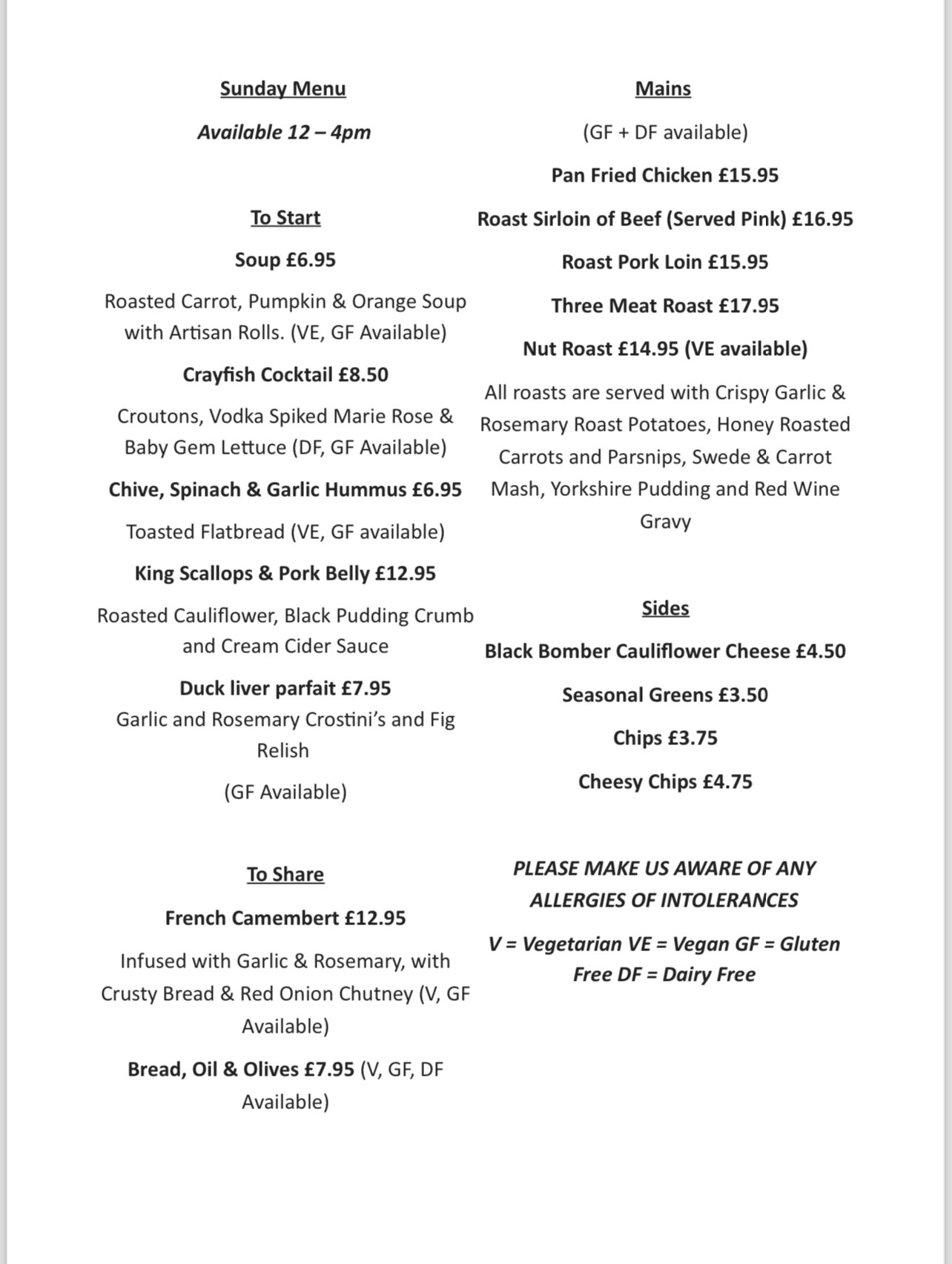 Menu — The White Horse