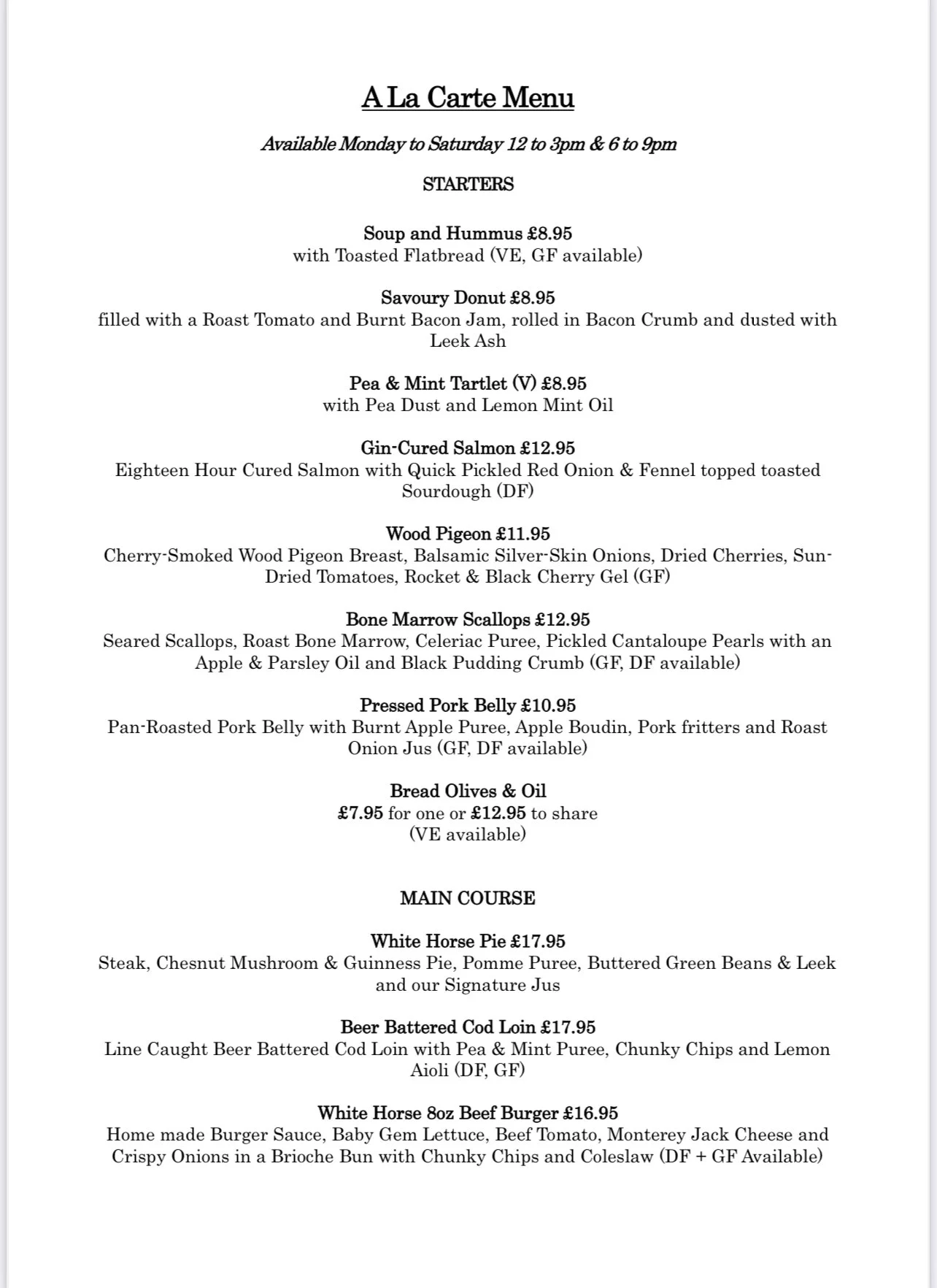 Menu — The White Horse