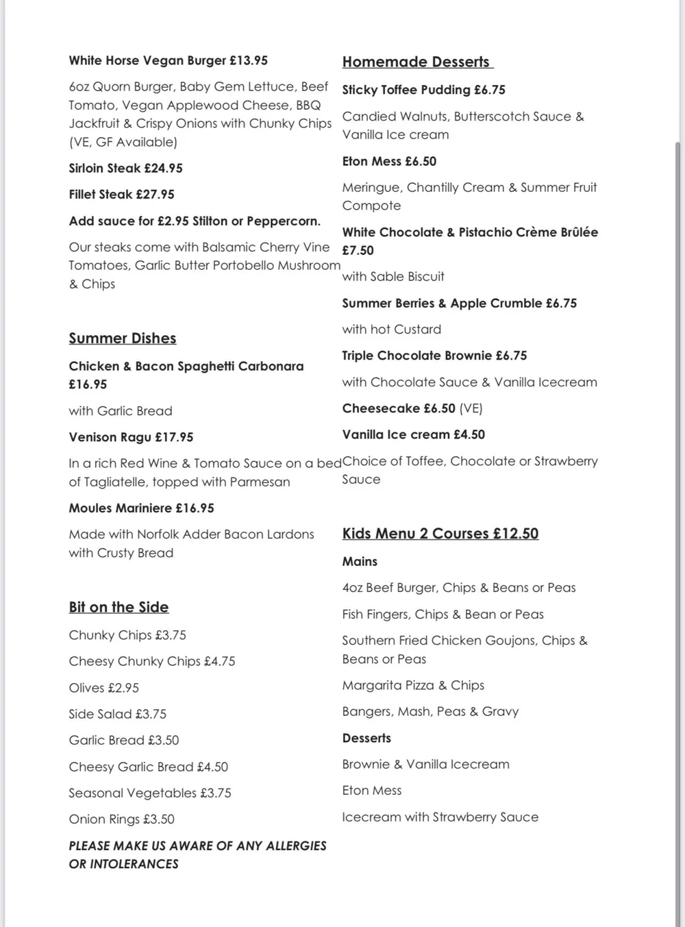 Menu — The White Horse