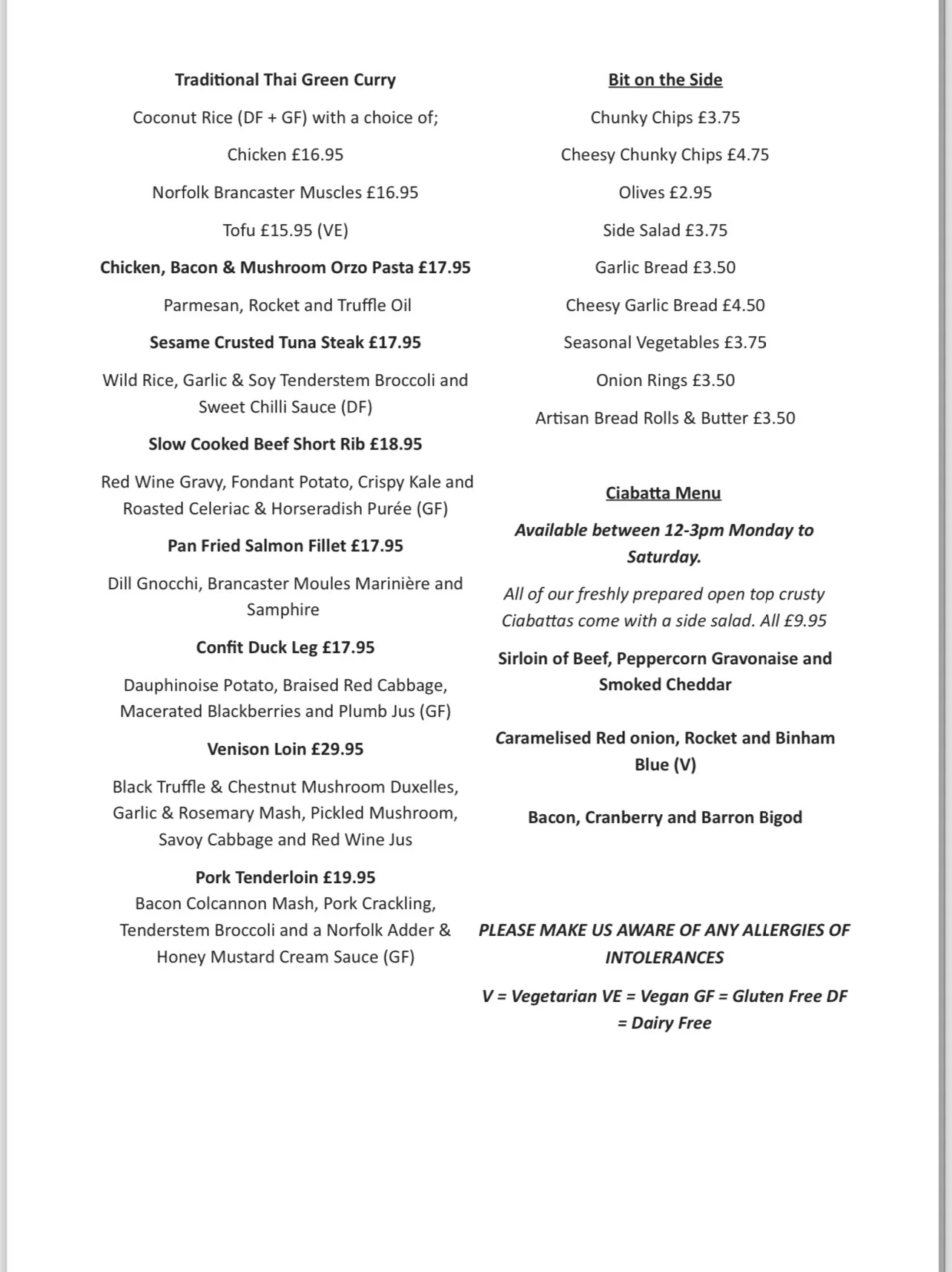 Menu — The White Horse