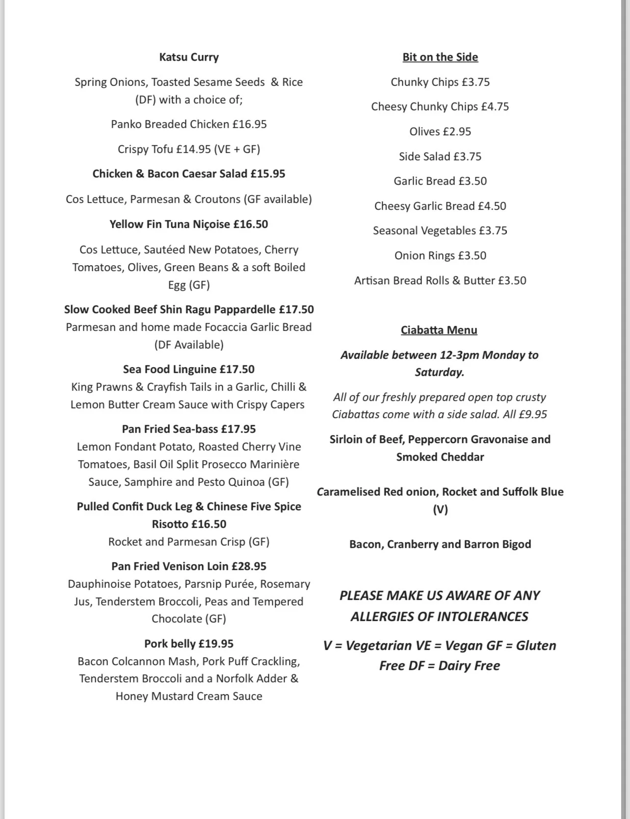 Menu — The White Horse