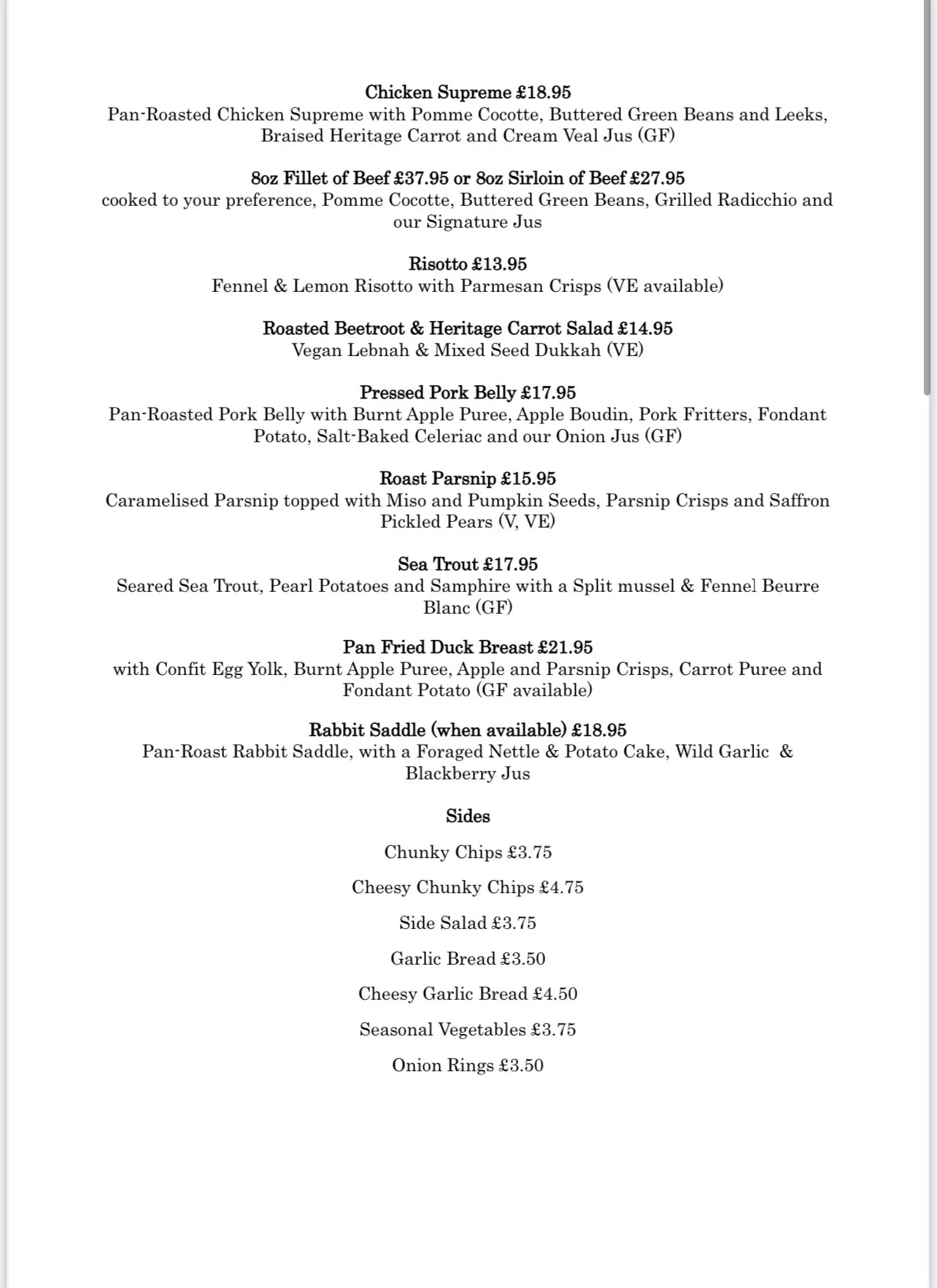 Menu — The White Horse