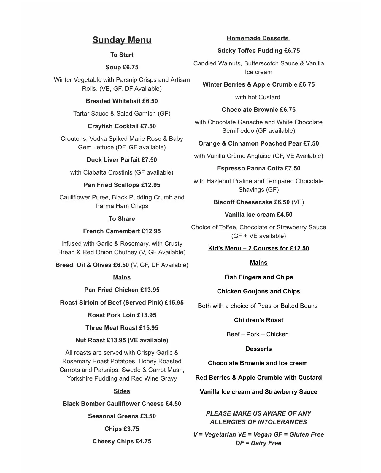 Menu — The White Horse