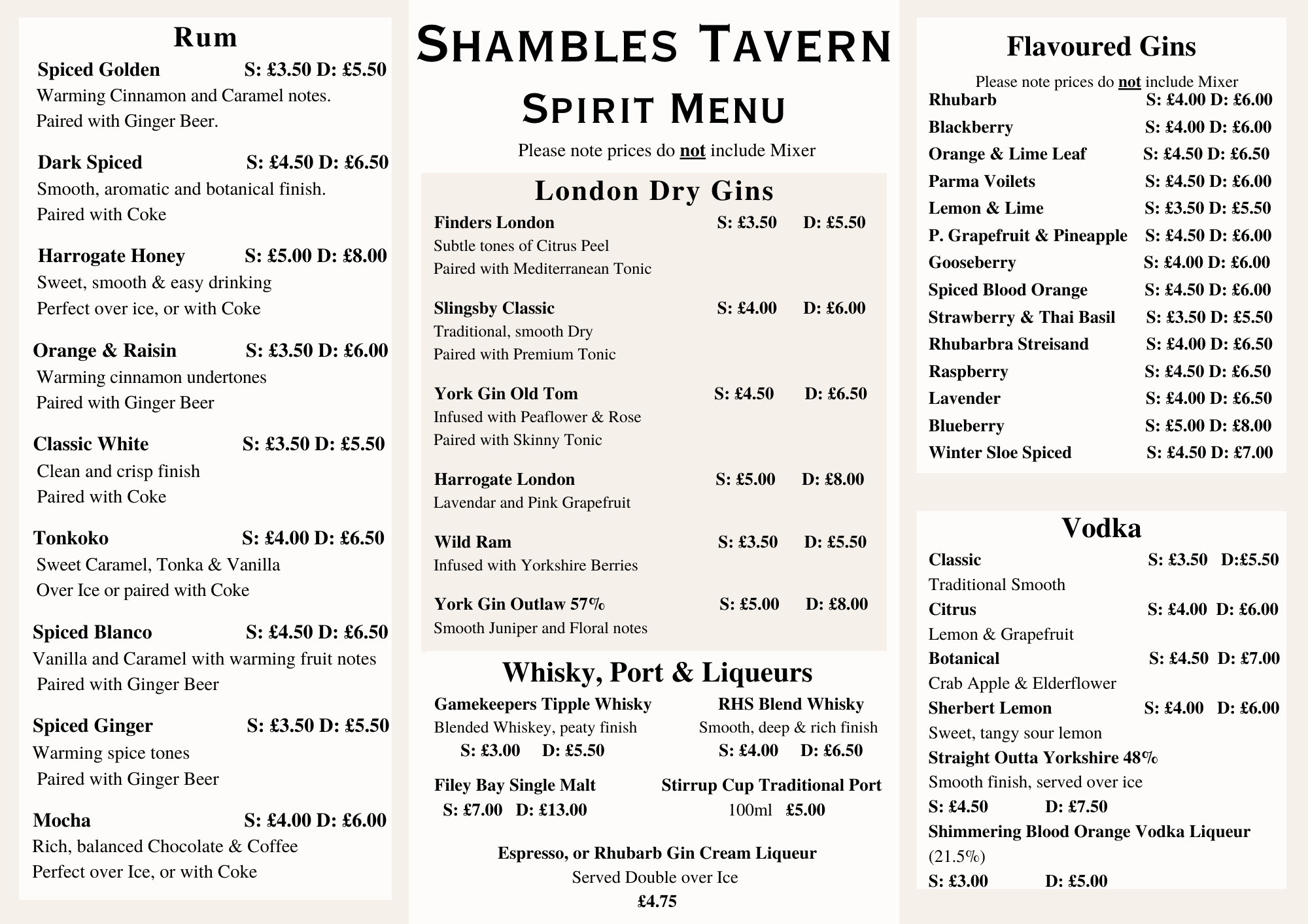 spirit menu — Shambles Tavern