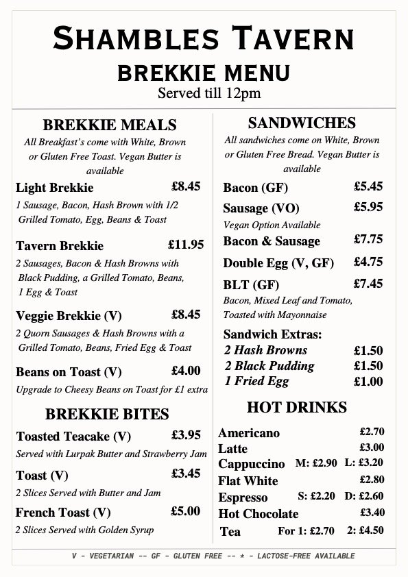 Breakfast Menu — Shambles Tavern
