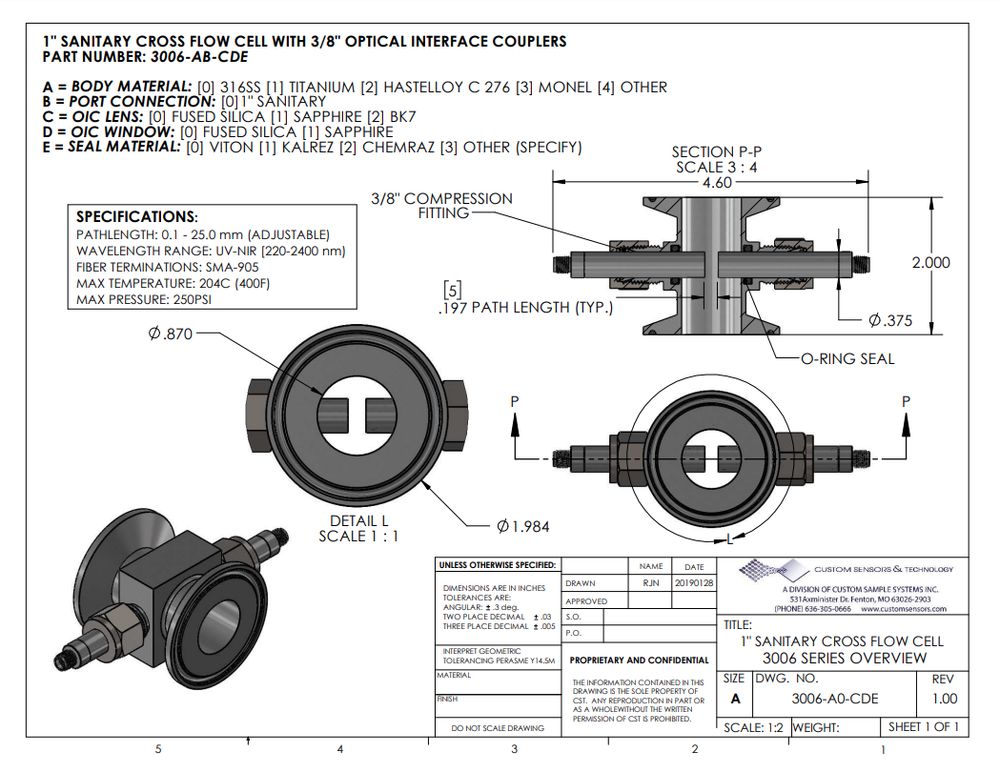 Sanitary Absorbance Cross Flow Cell (Lightpath: 0.1-15mm) — Firebird Optics