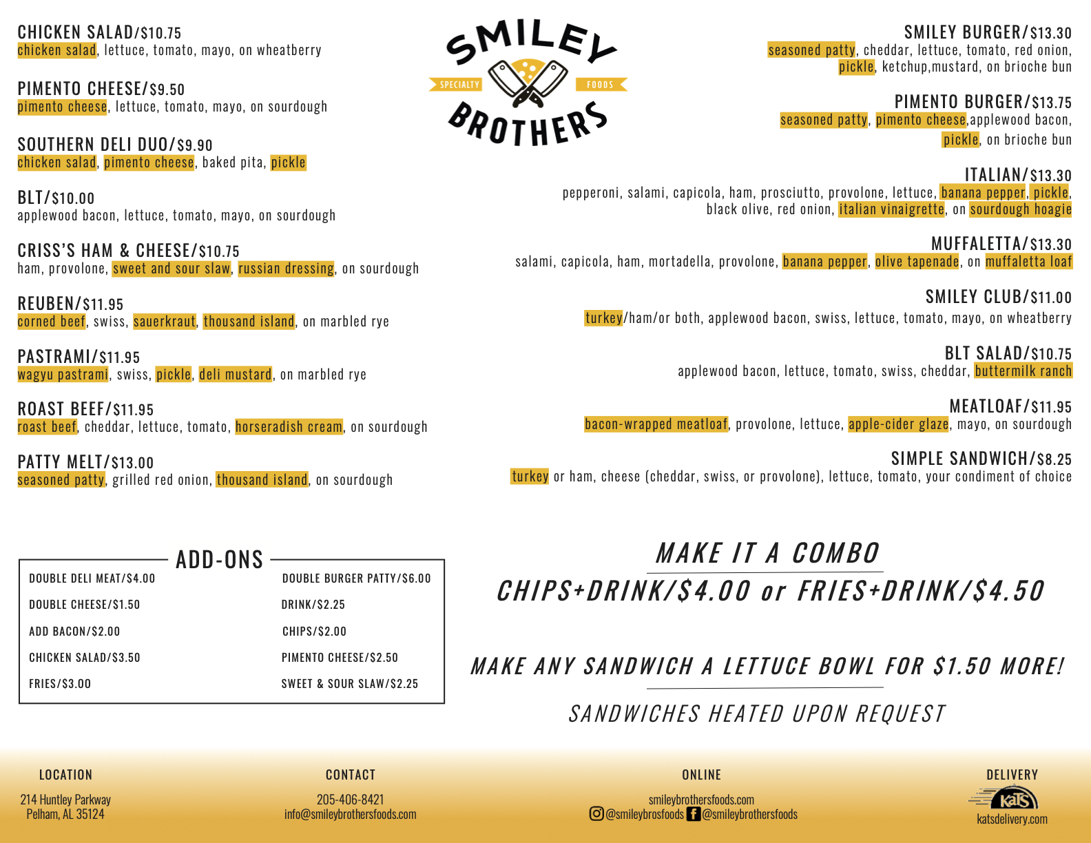 Sandwich Menu — Smiley Brothers Specialty Foods