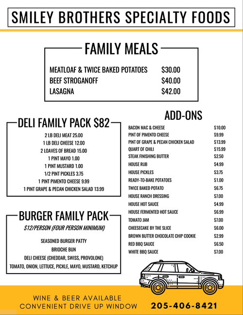 Family Meals menu — Smiley Brothers Specialty Foods