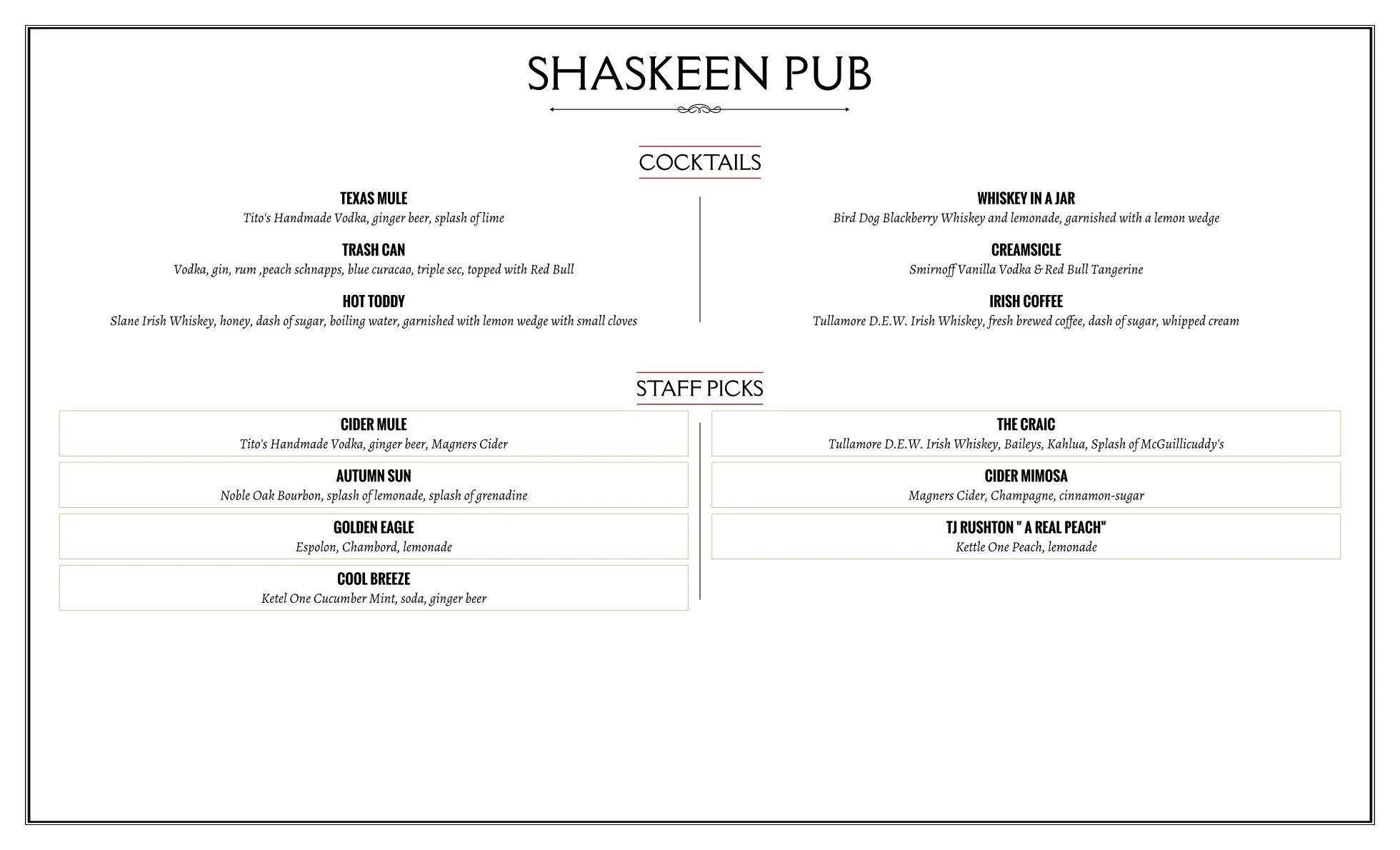 Drink Menu — Shaskeen Pub