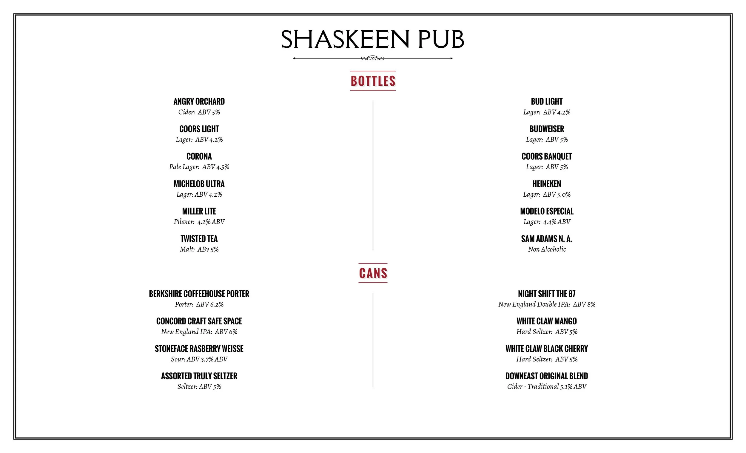 Drink Menu — Shaskeen Pub
