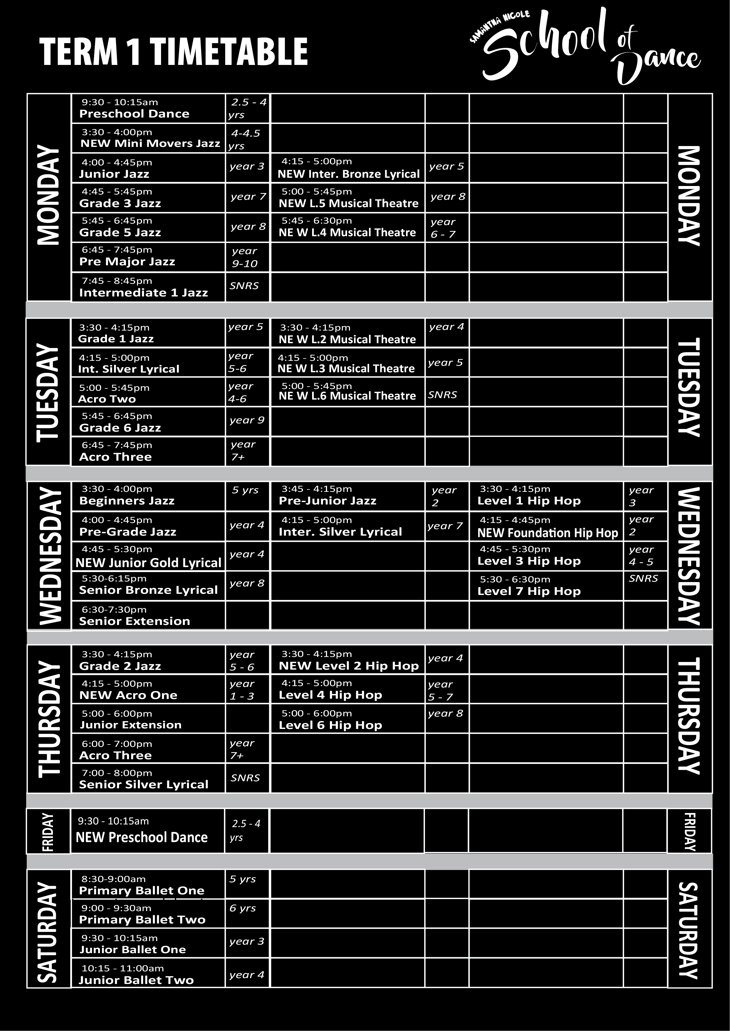 TIMETABLE — Samantha Nicole School of Dance
