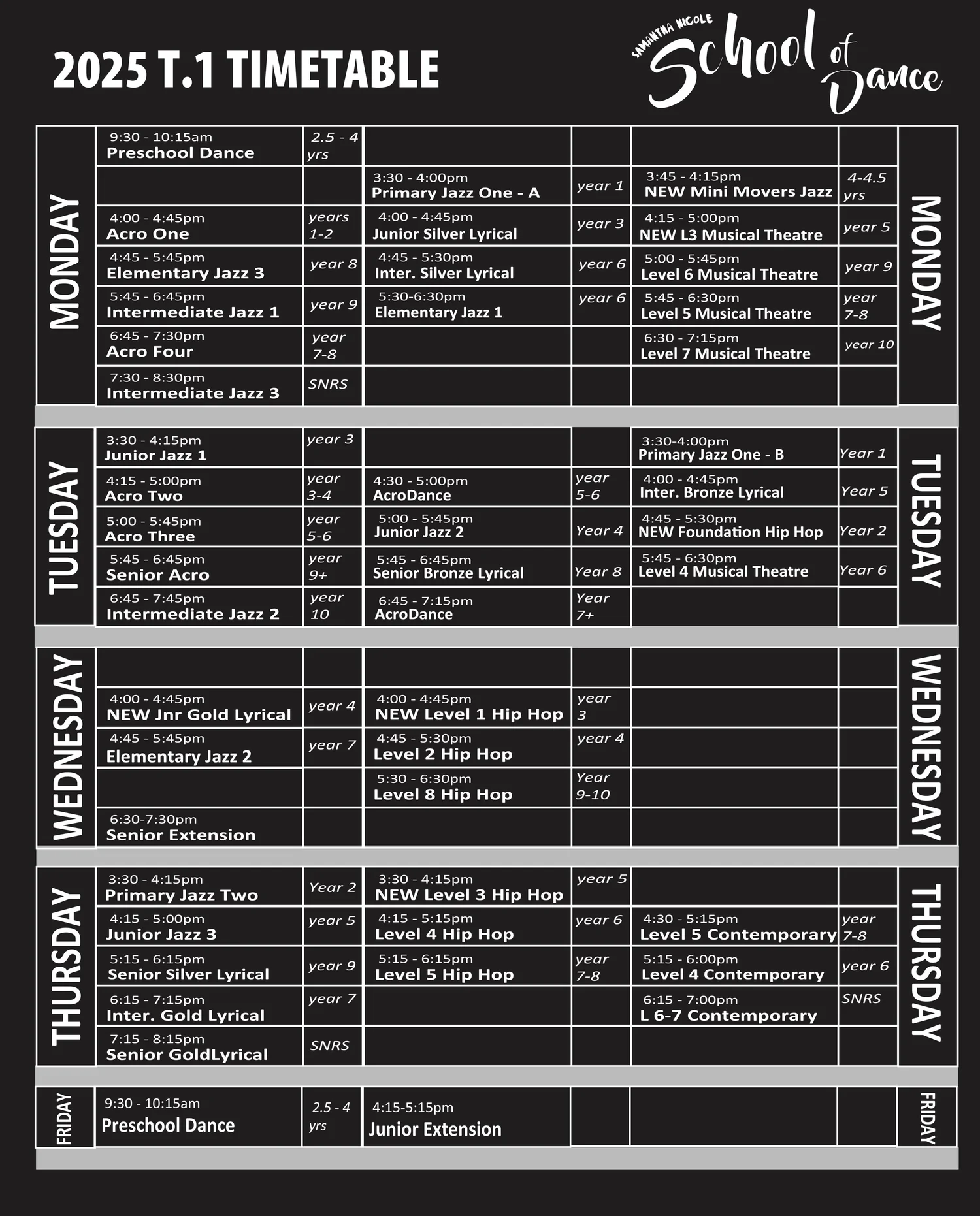 TIMETABLE — Samantha Nicole School of Dance