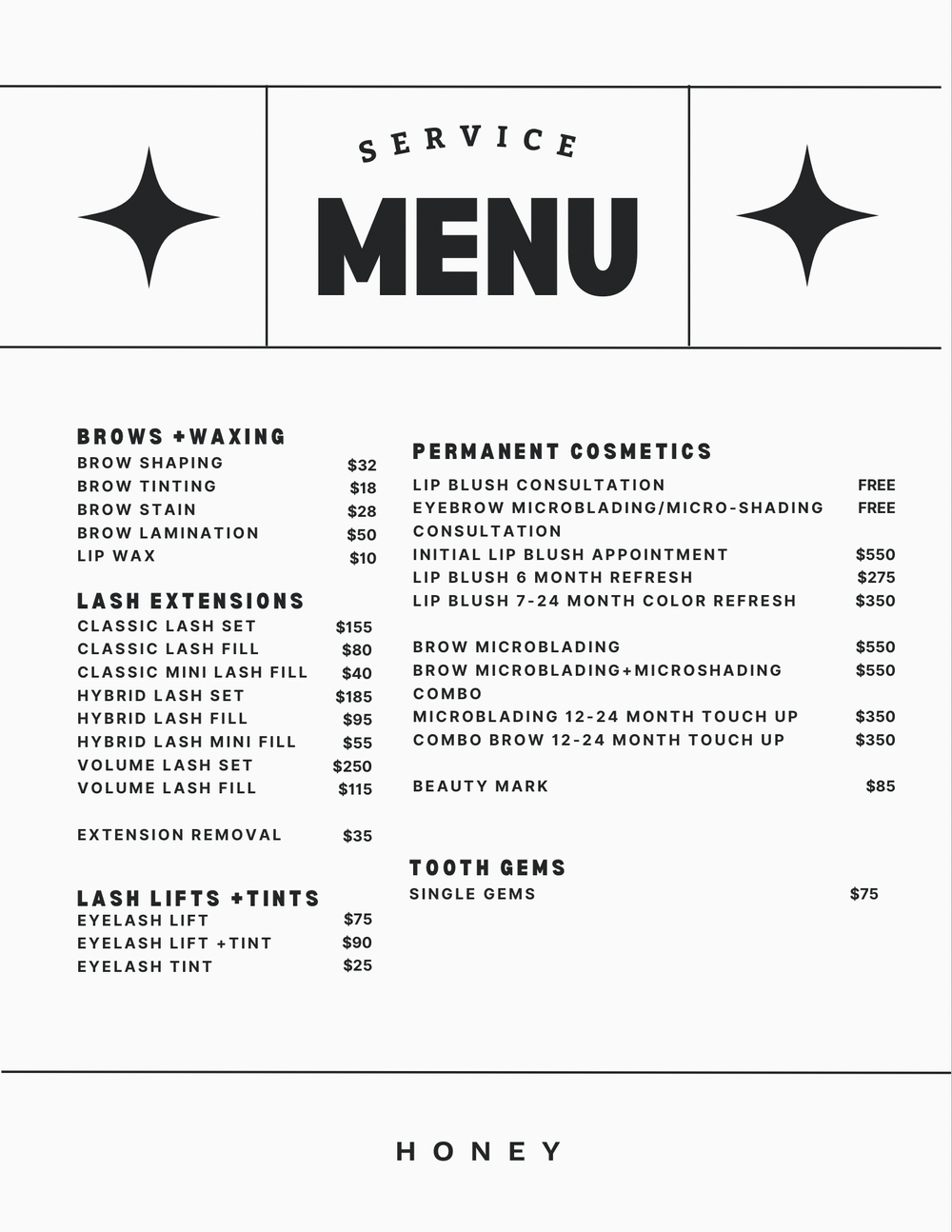 SERVICE MENU — HONEY BEAUTY STUDIO