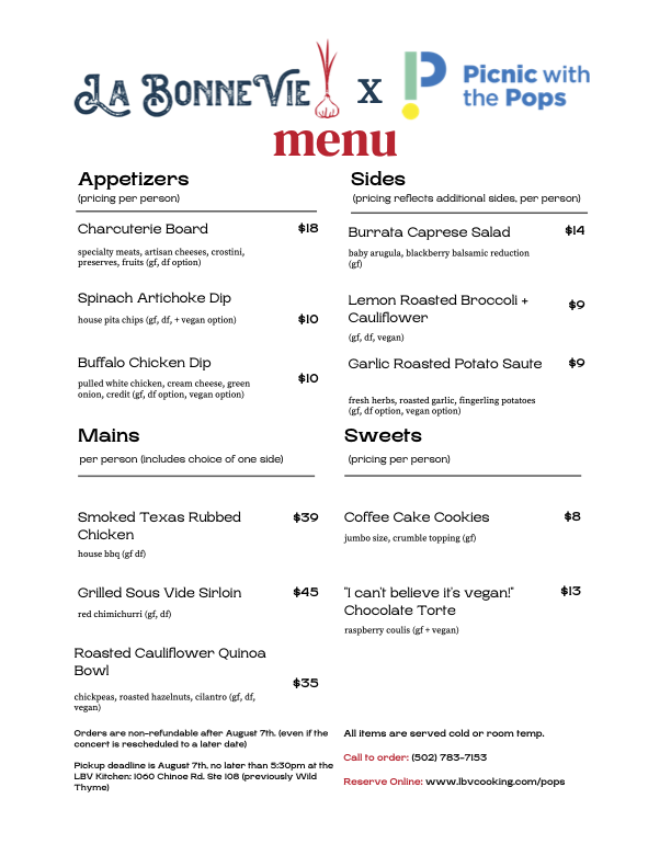 La Bonne Vie Menu — Picnic with the Pops Lexington