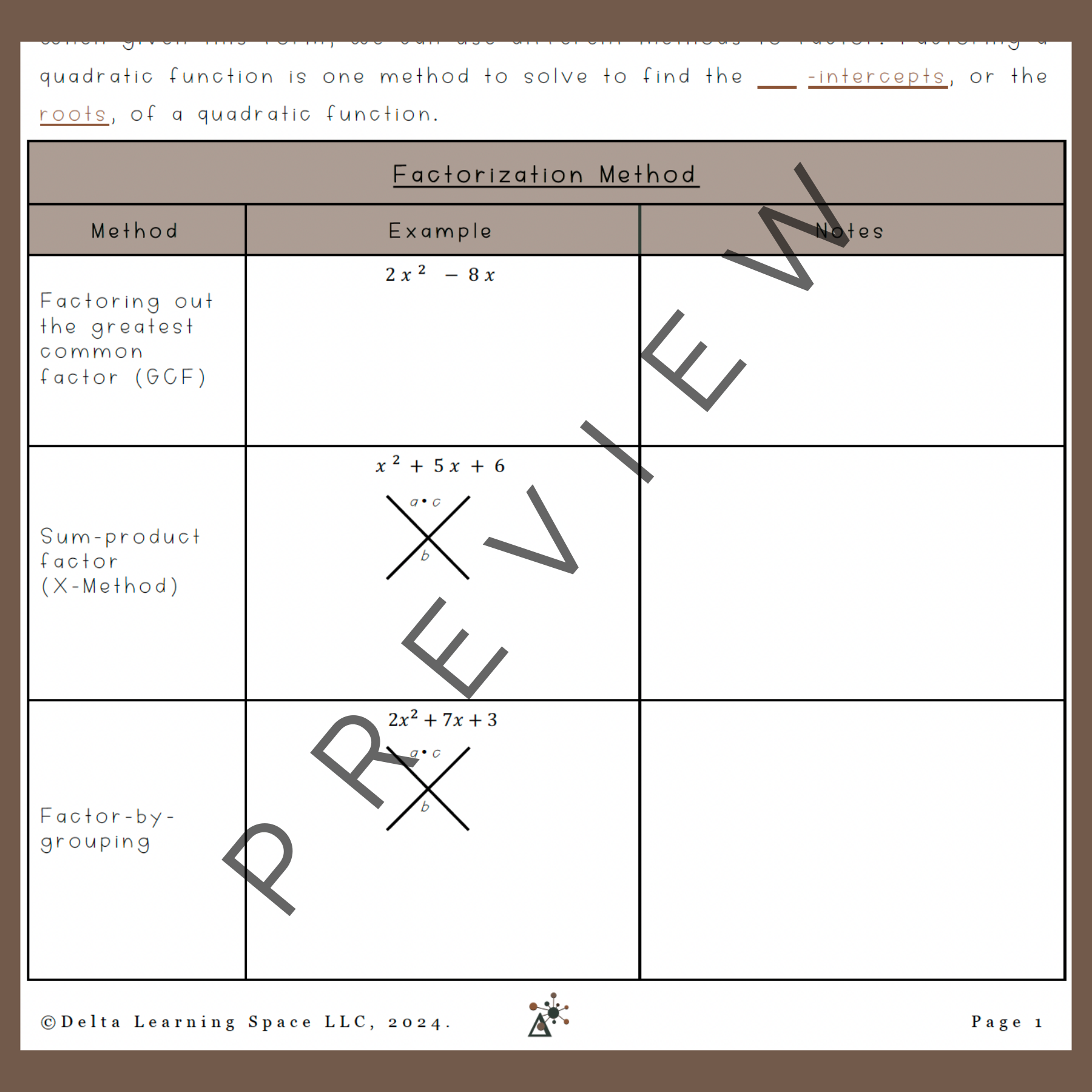Graphing Quadratics Notes and Problems — Delta Learning