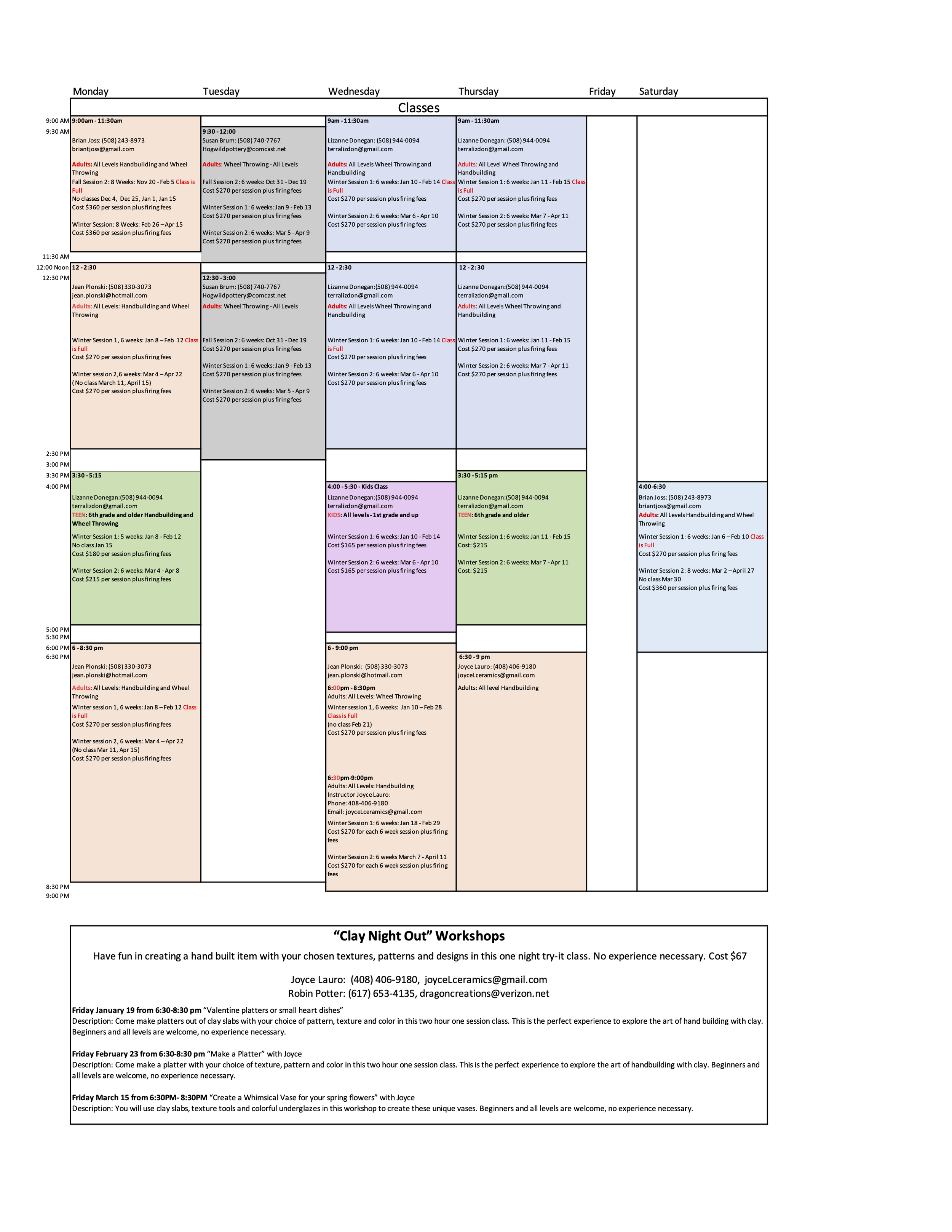 Current Class Offerings — Potters Place