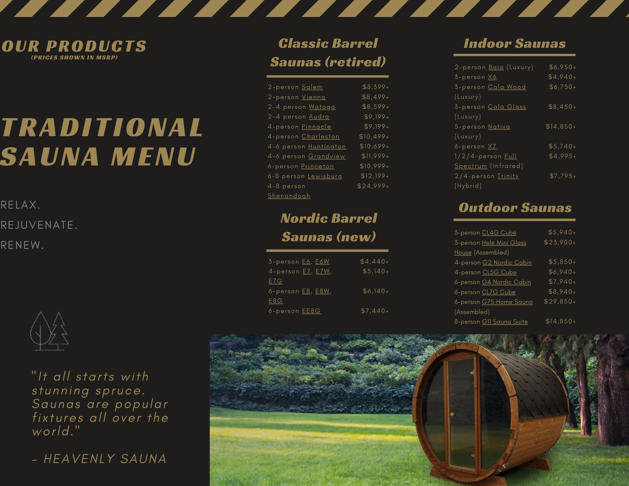 Browse our new product menu — Heavenly Sauna