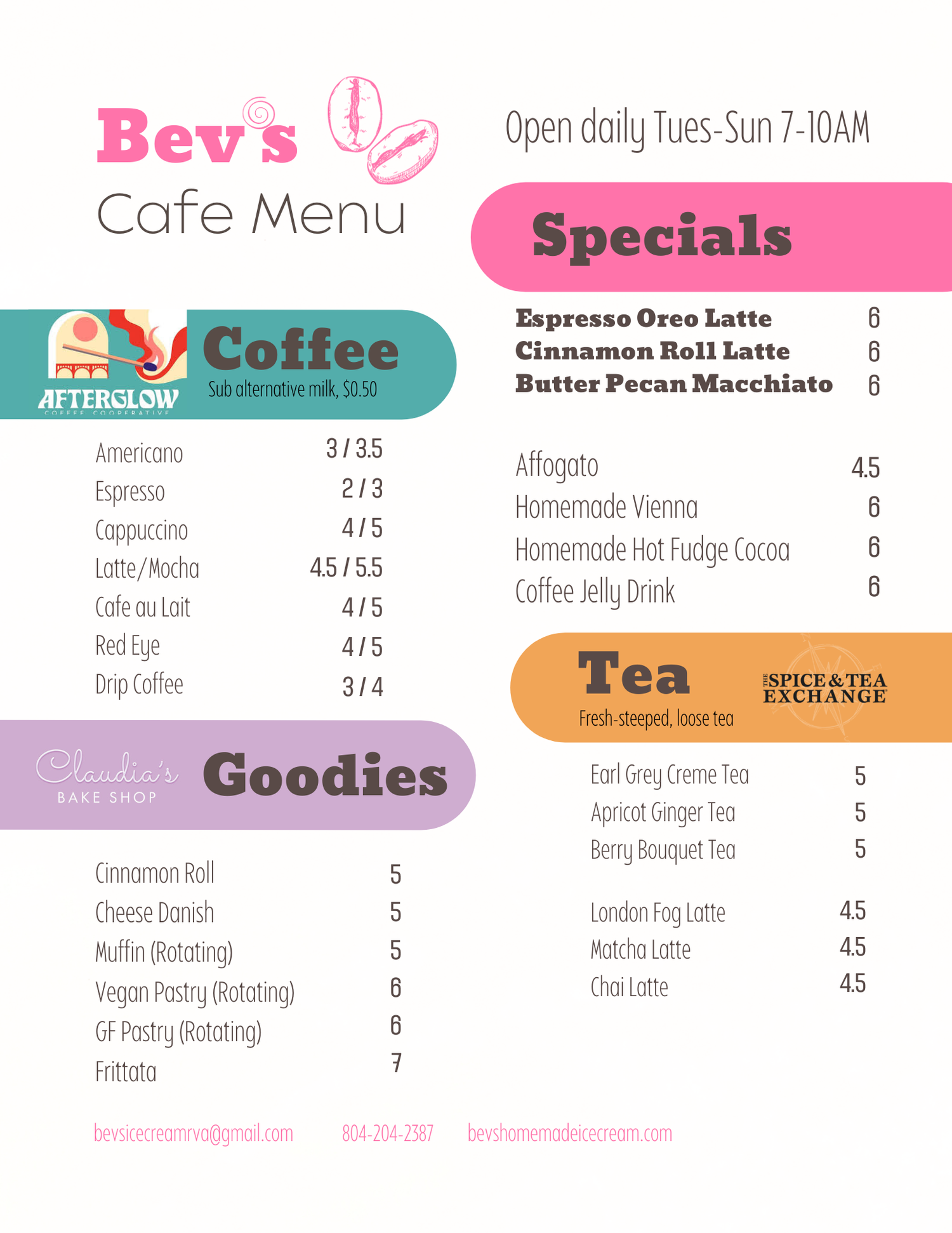 Bev's Menu — Bev's Homemade Ice Cream & Cafe
