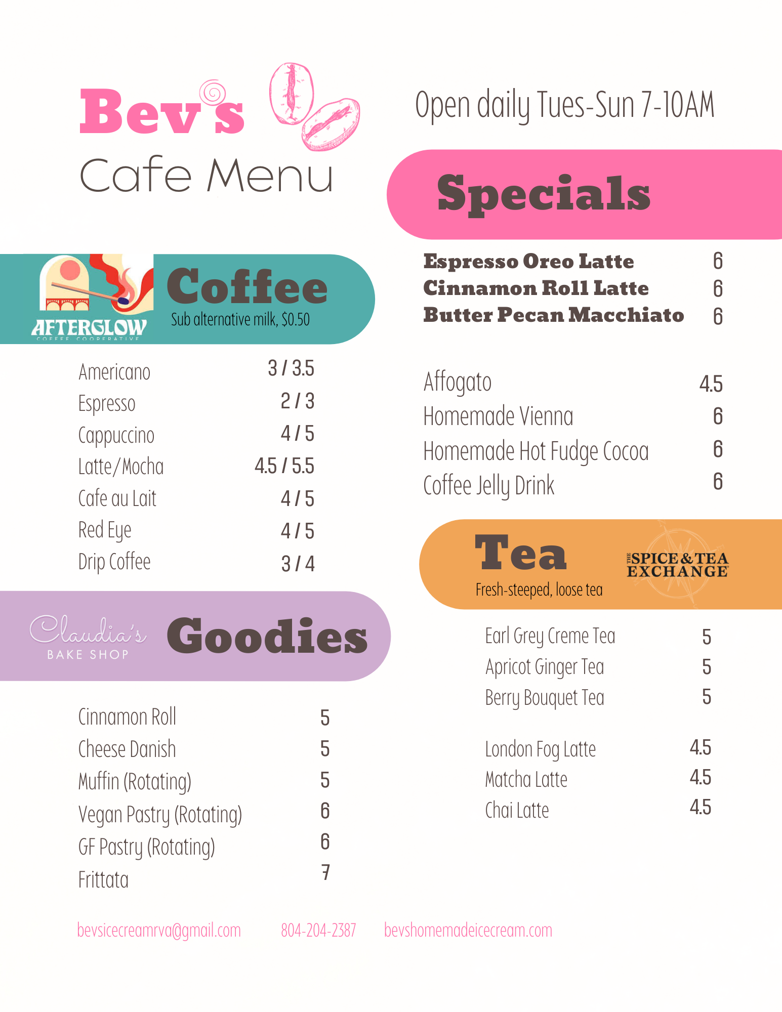 Bev's Menu — Bev's Homemade Ice Cream & Cafe