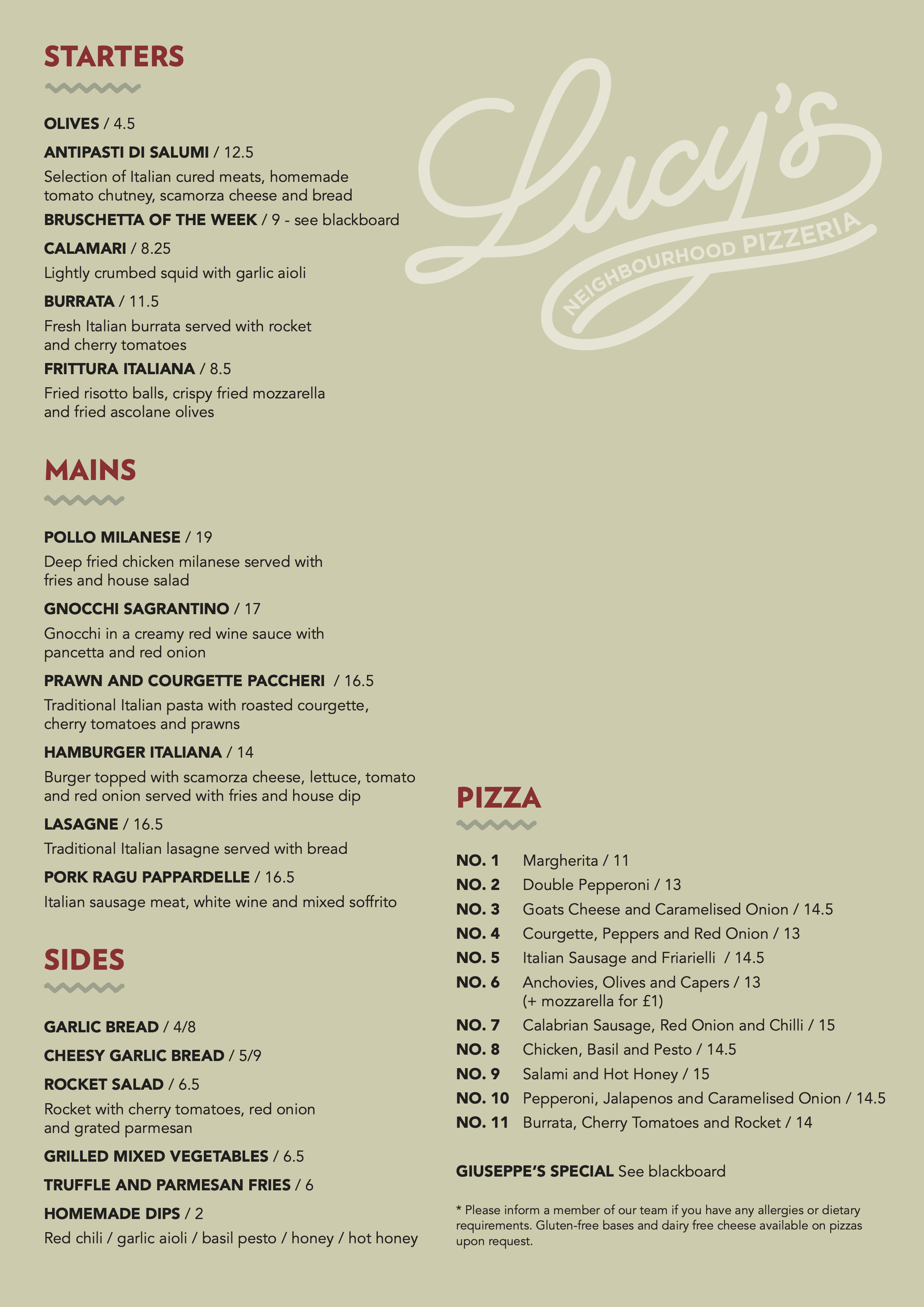Menu — Lucy's Pizzeria