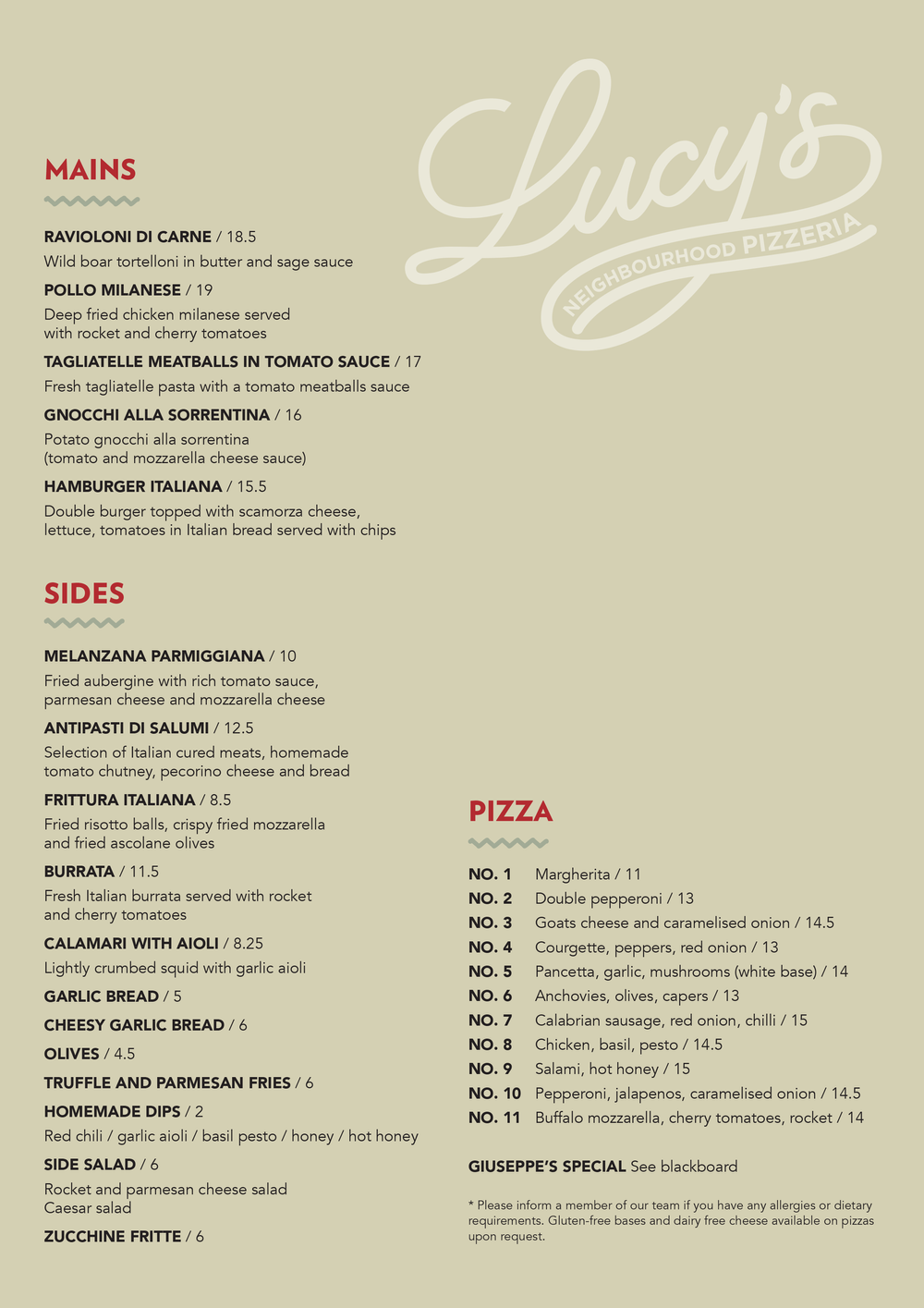 Menu — Lucy's Pizzeria