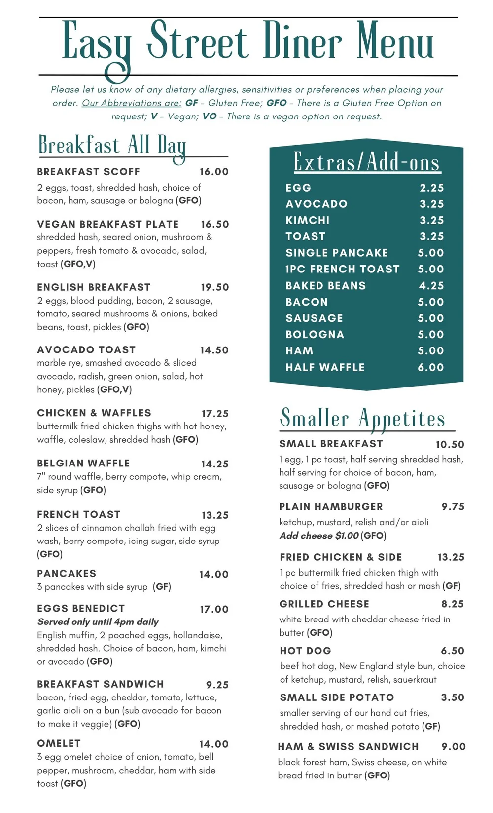 Menu — Easy Street Diner