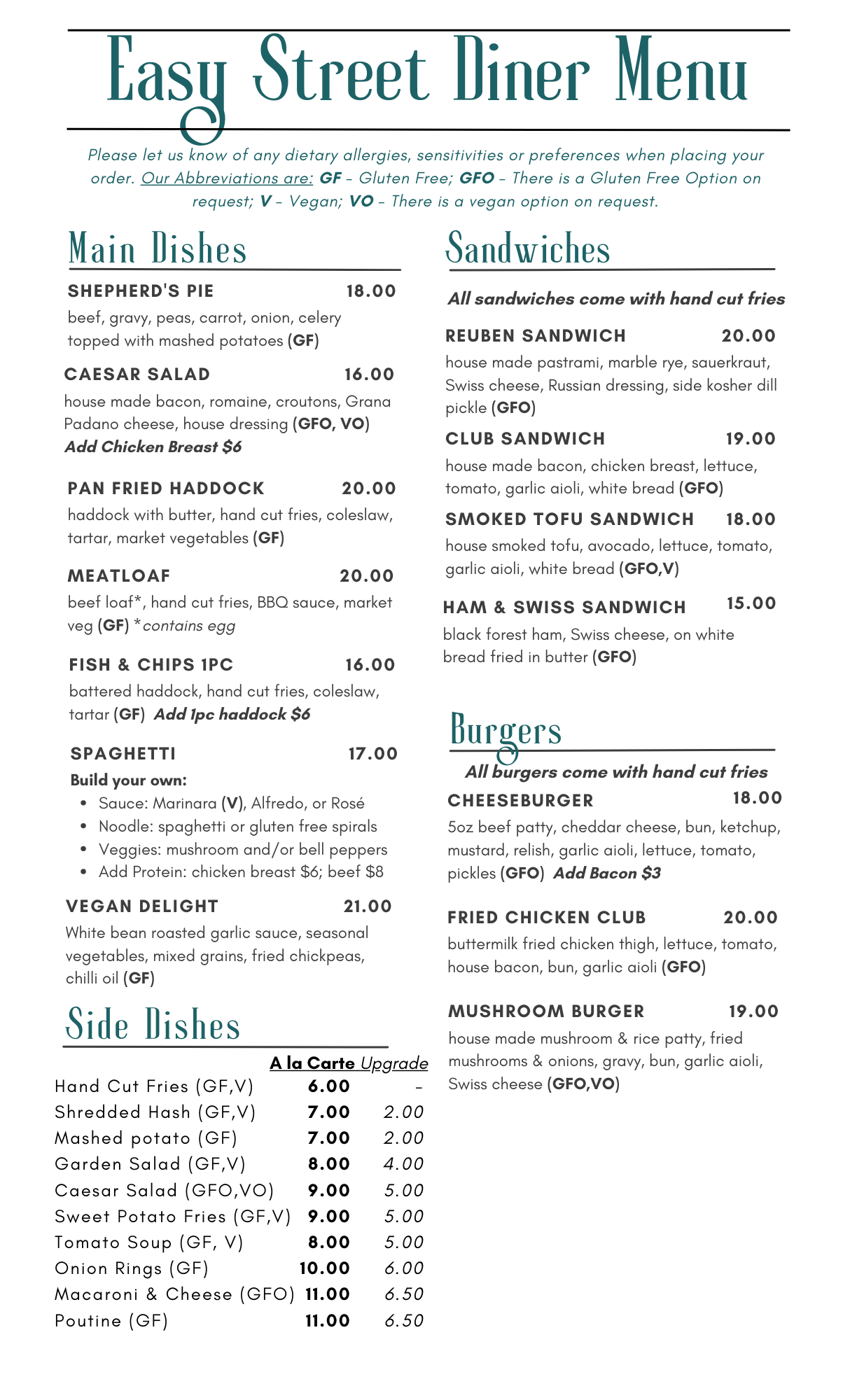 Easy Street Diner Menu, Fairview-Clayton Park, Halifax — Easy Street Diner