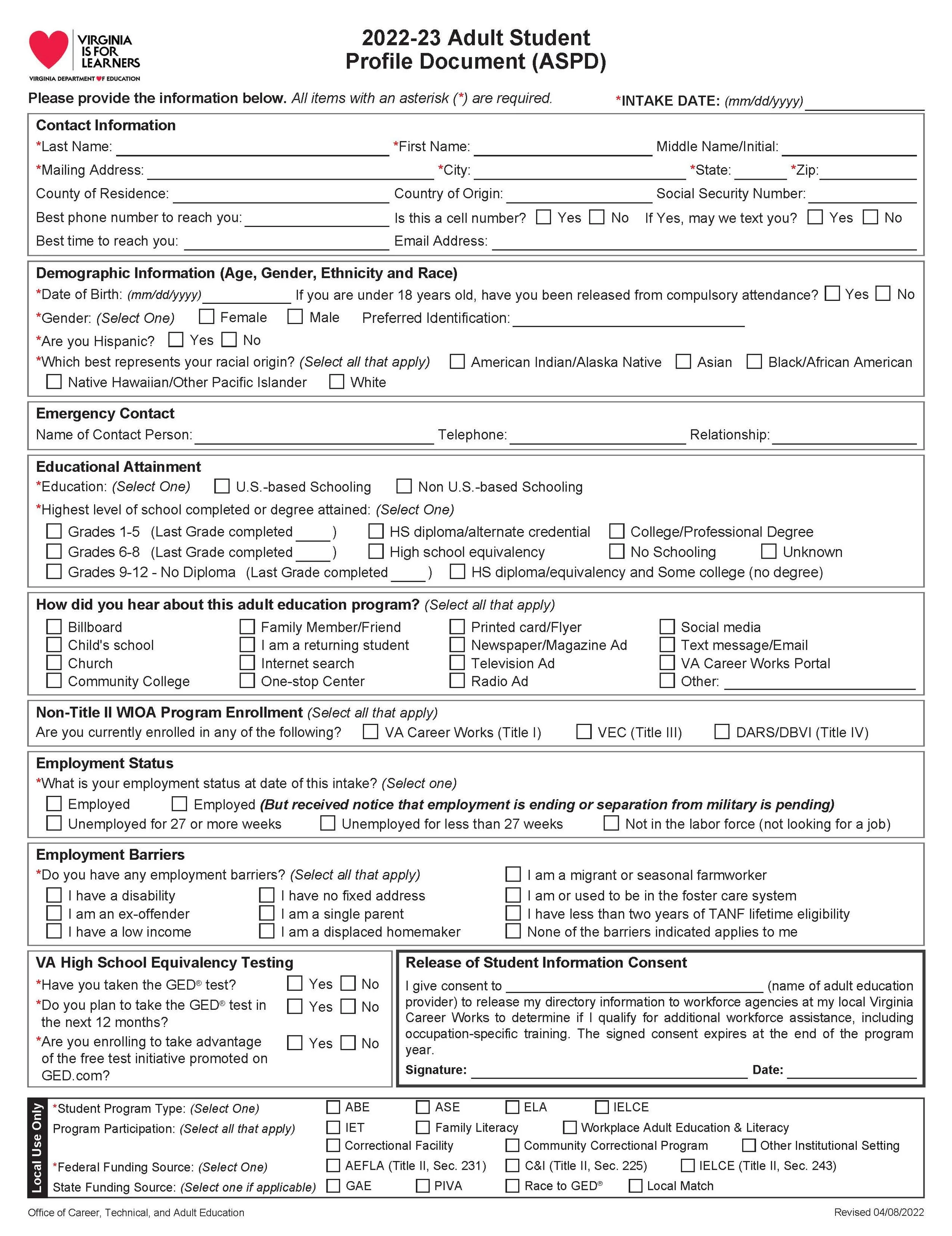 2022-23 ASPD Form — Northern Virginia Regional Adult Education
