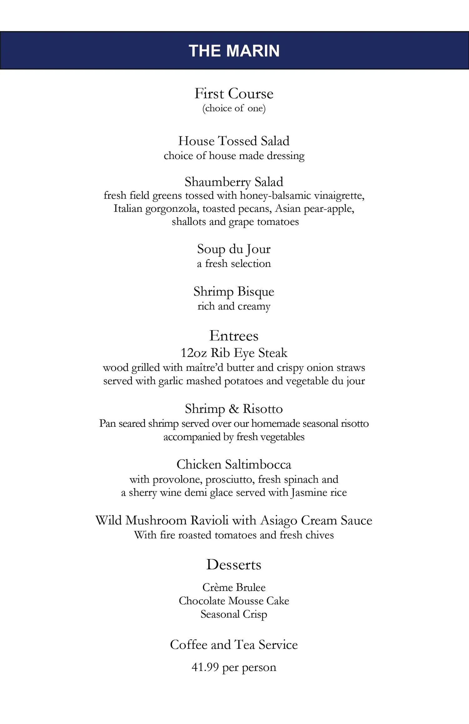 In-House Catering Party Menu — Redwoods