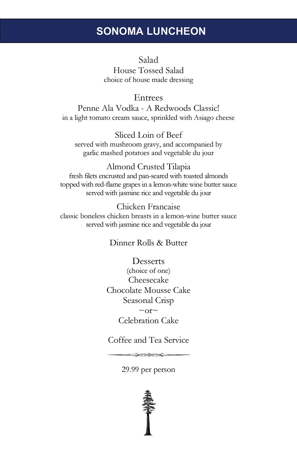 In-House Catering Party Menu — Redwoods