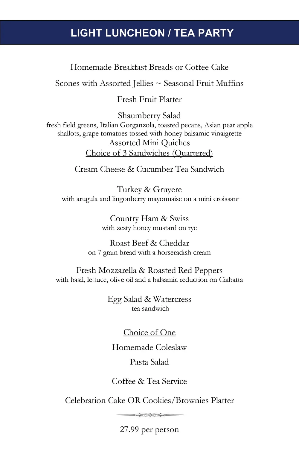 In-House Catering Party Menu — Redwoods