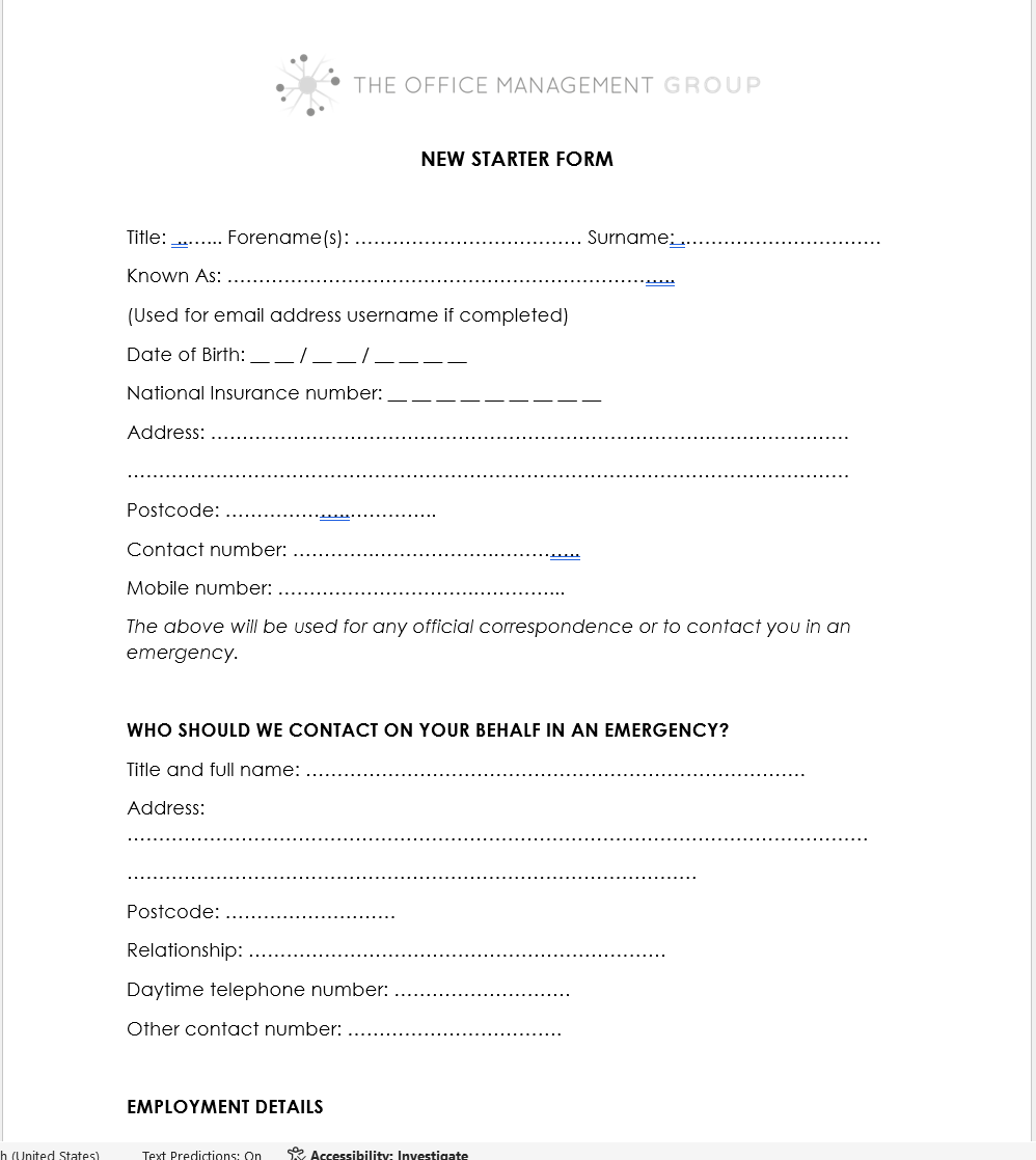 New Starter Onboarding Information Form — The Office Management Group