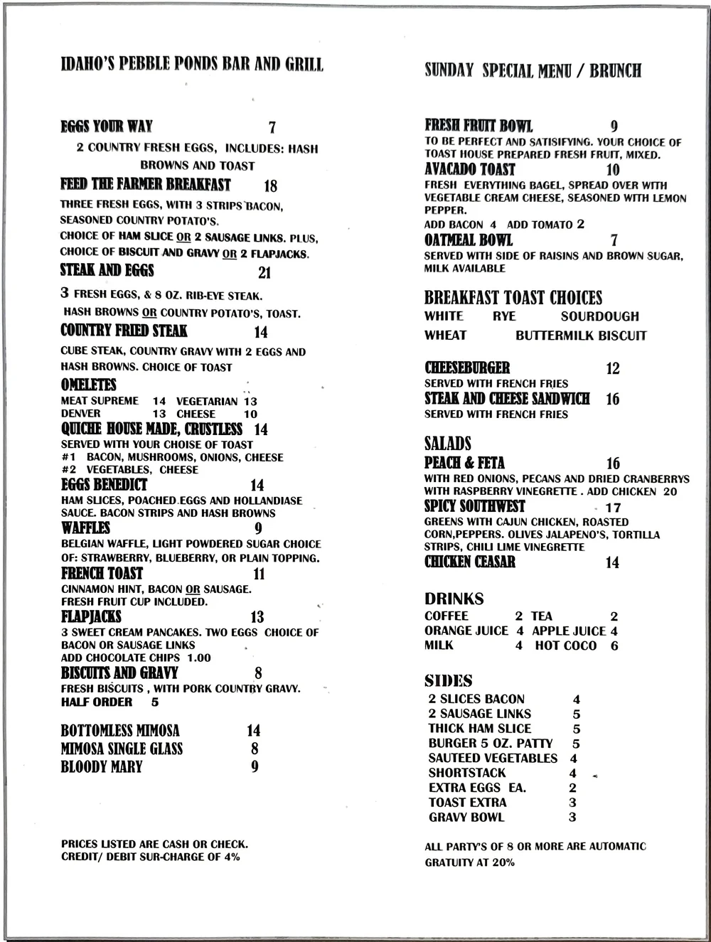 Idaho's Pebble Ponds Bar & Grill Menu — Idaho's Pebble Ponds
