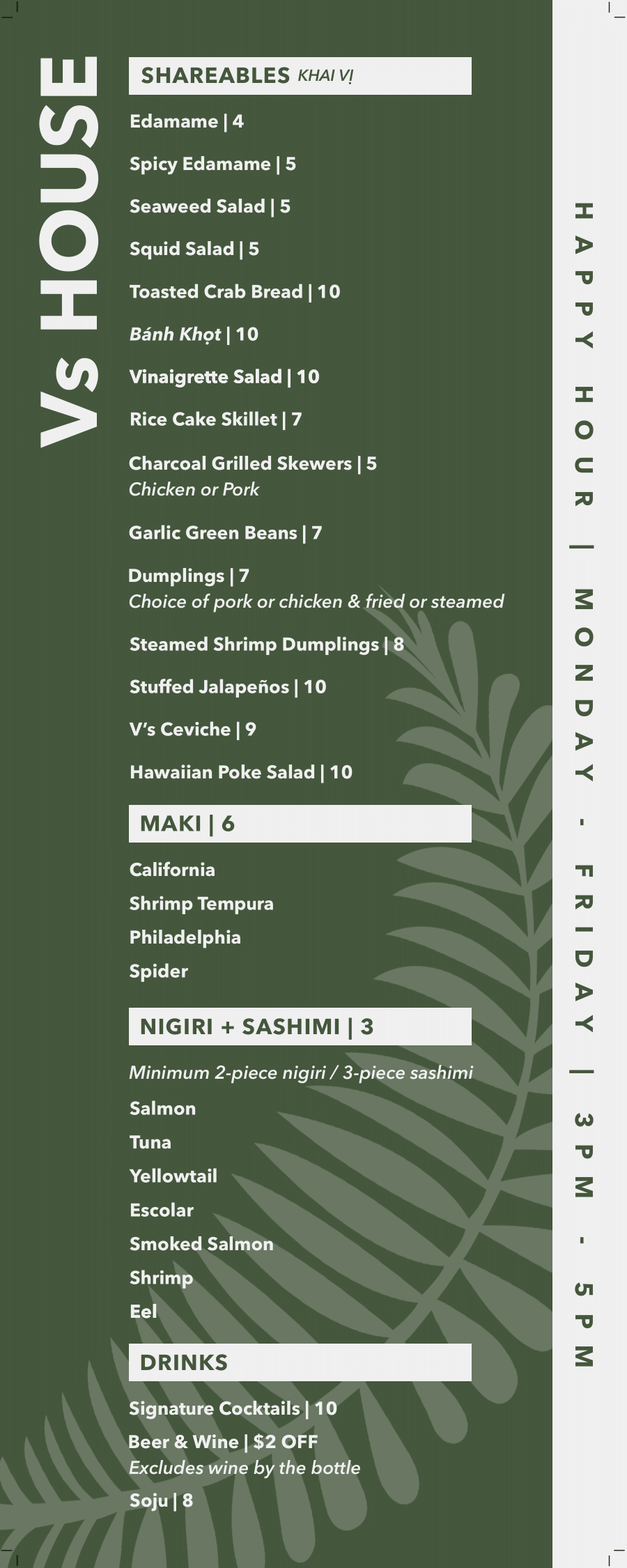 Menu — V's House | Bar Sushi Pho