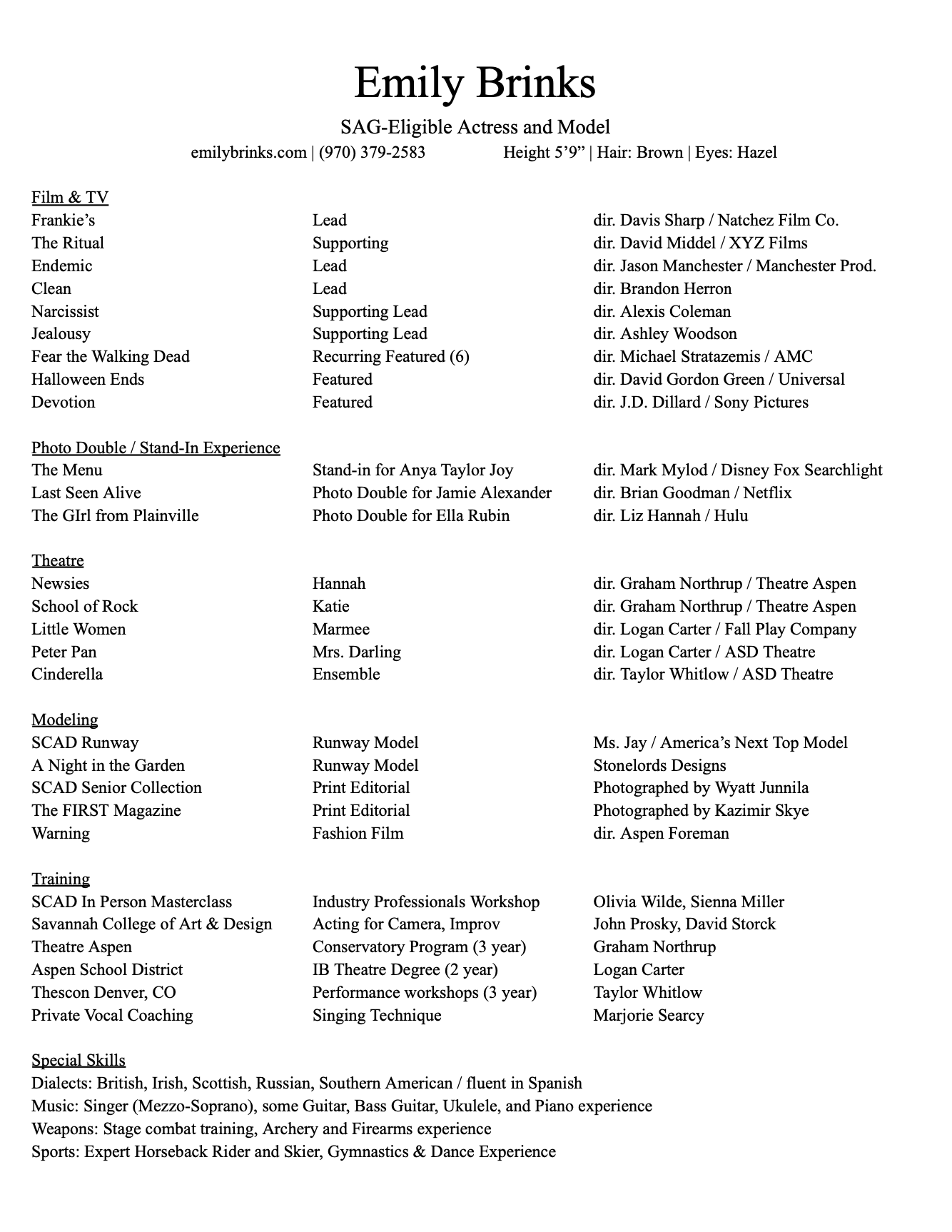 RESUME — EMILY BRINKS