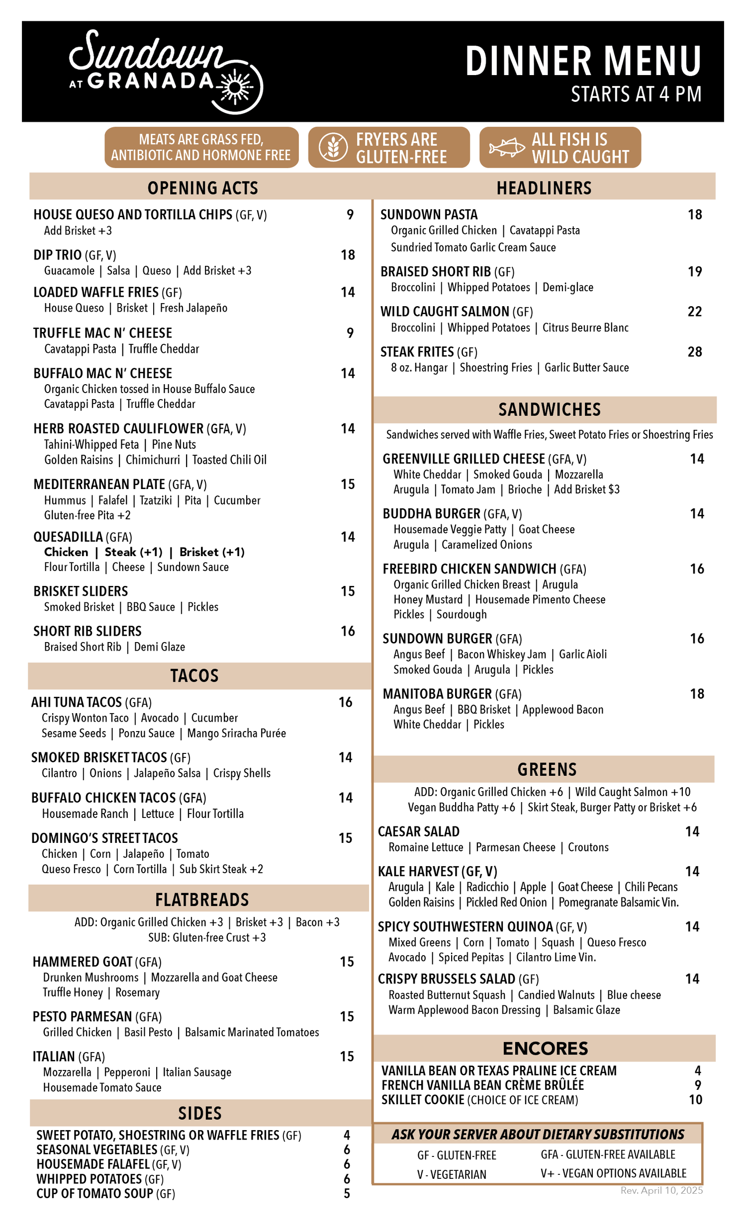 Menu — Sundown at Granada