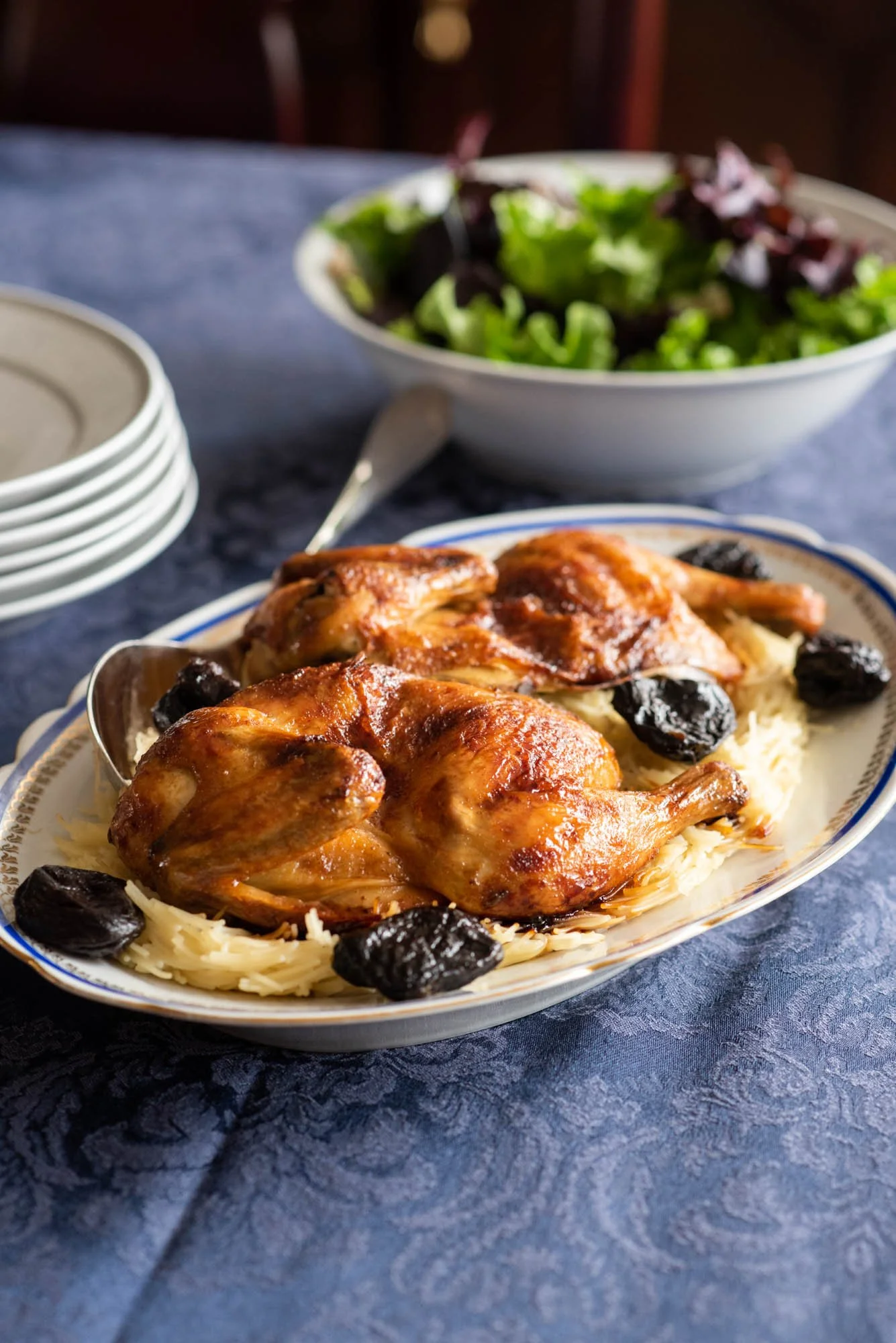 Cornish Hens with Lemon and Prunes Over Vermicelli — Inspired by Solange