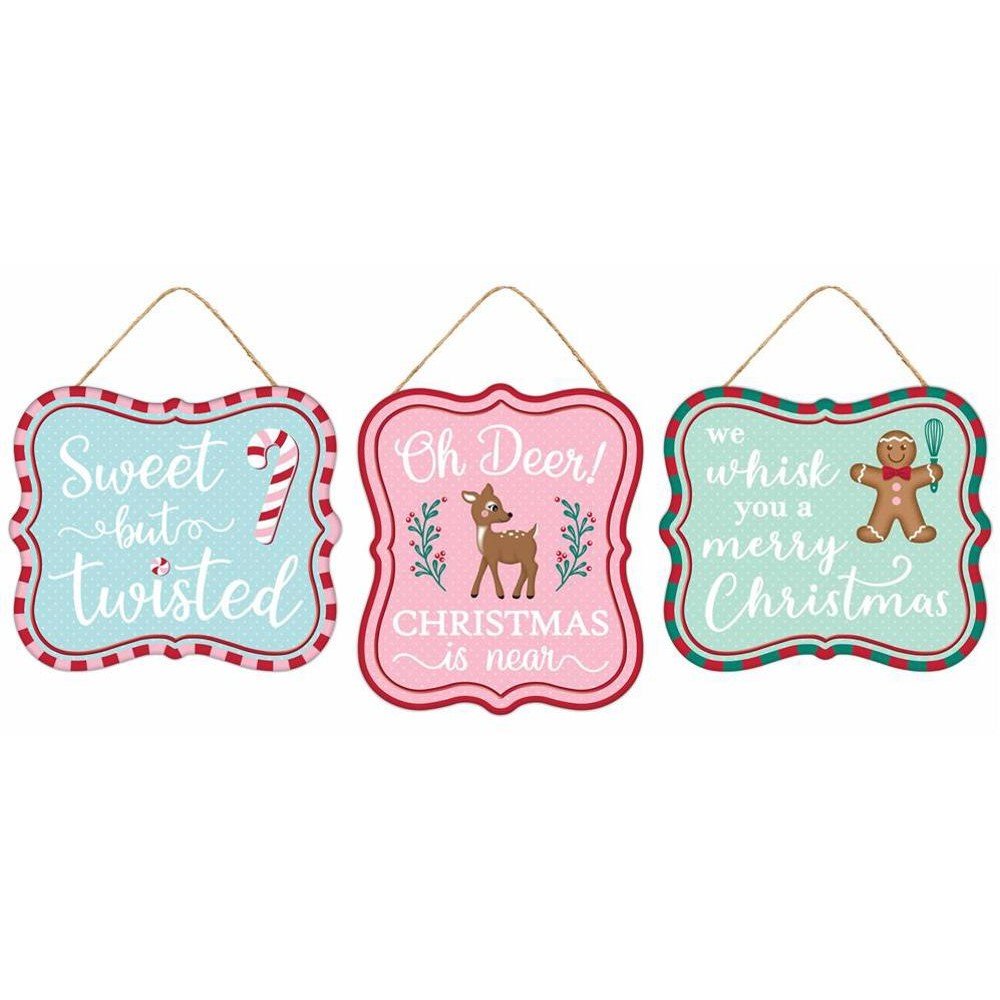 Metal Embossed Candy Cane Sign: Red/Pink/White, 13" — Holiday Whimsy