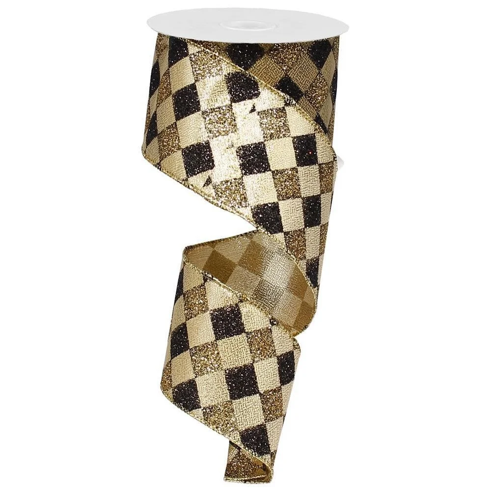 Glitter Dots Diagonal Ribbon: Black/Gold, 2.5" — Holiday Whimsy