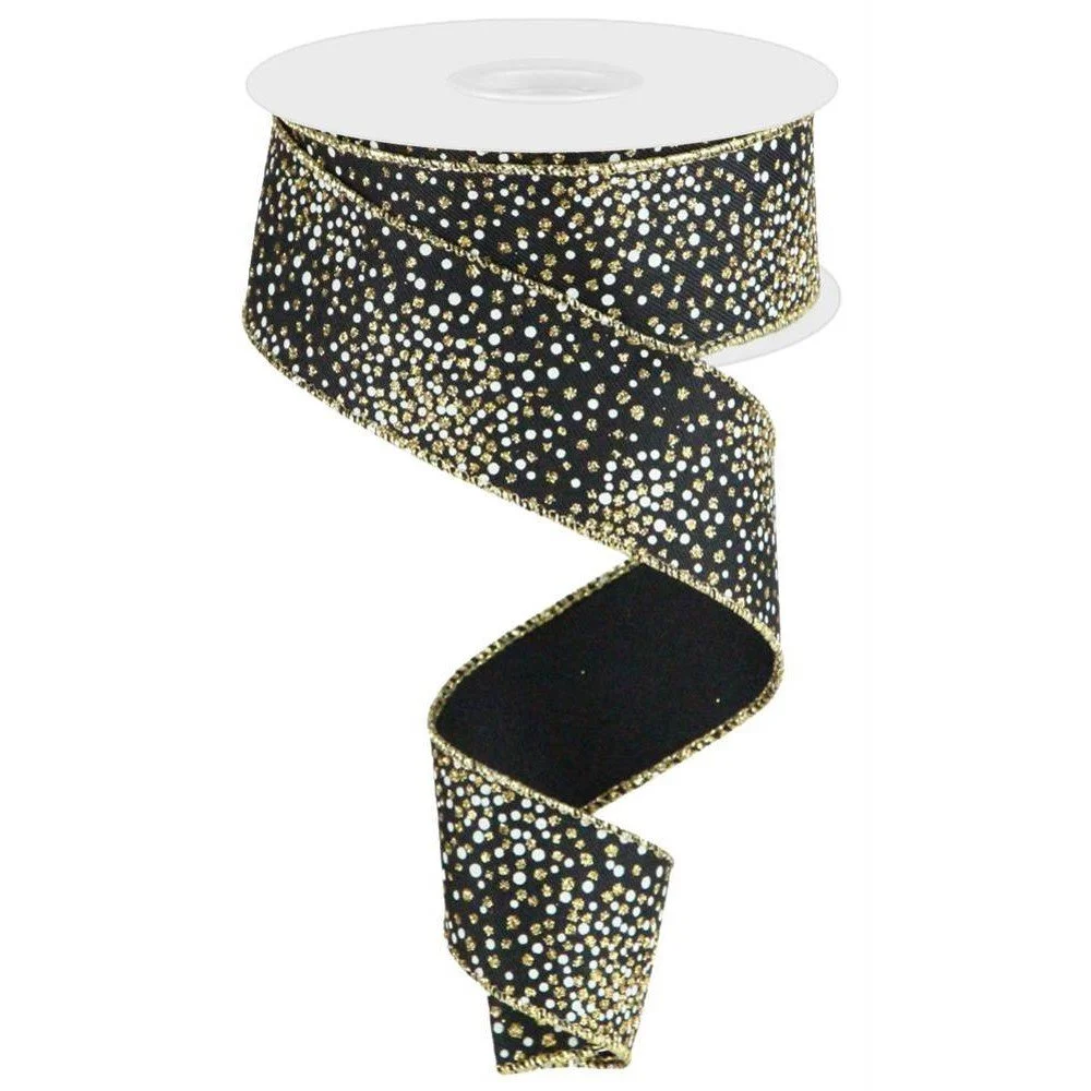 Glitter Dots Diagonal Ribbon: Black/Gold, 2.5" — Holiday Whimsy