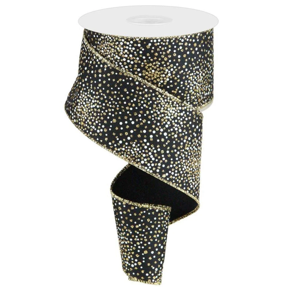 Glitter Dots Diagonal Ribbon: Black/Gold, 2.5" — Holiday Whimsy