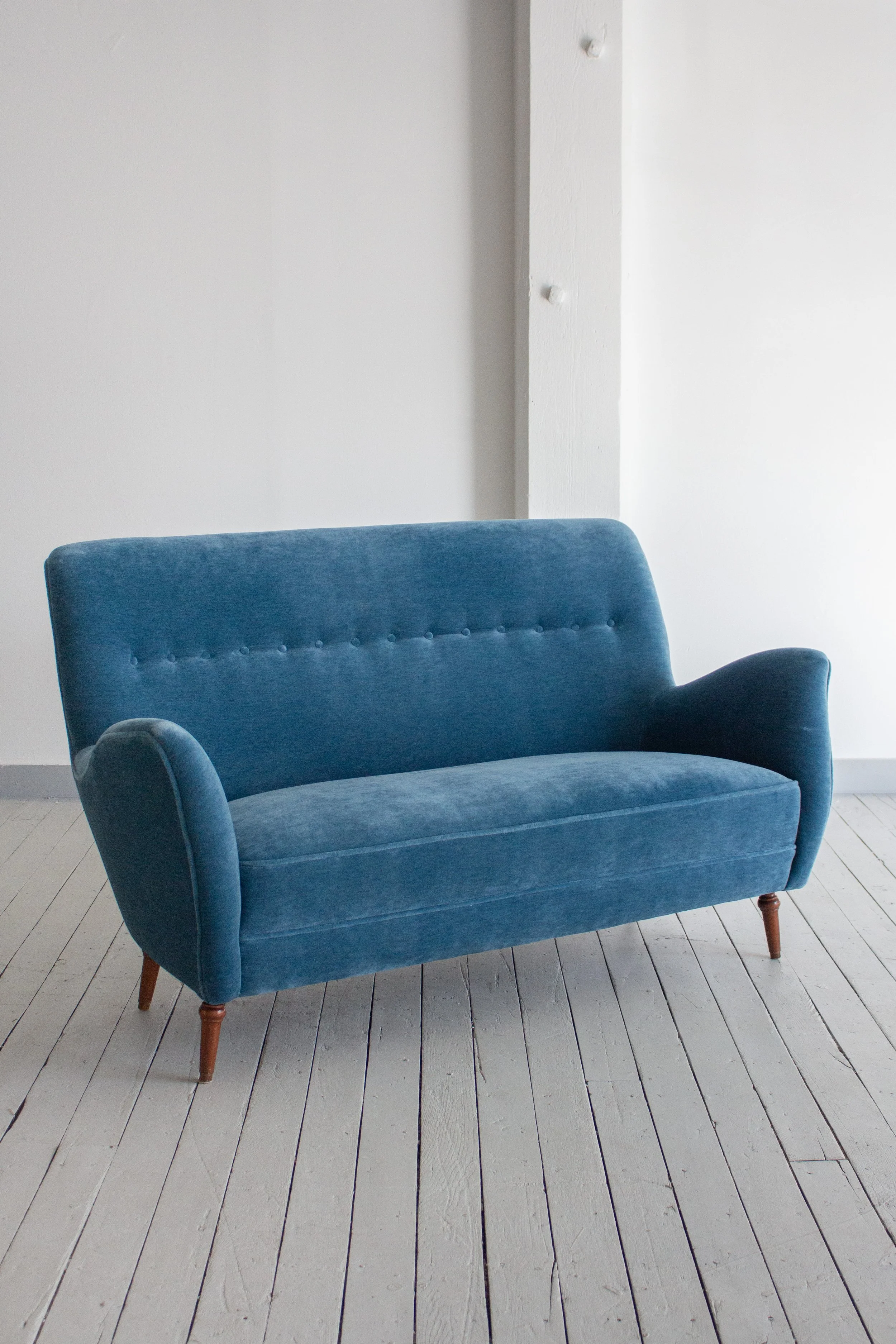 Mid Century Italian Channel Back Sofa in Velvet and Leather — Fenestella