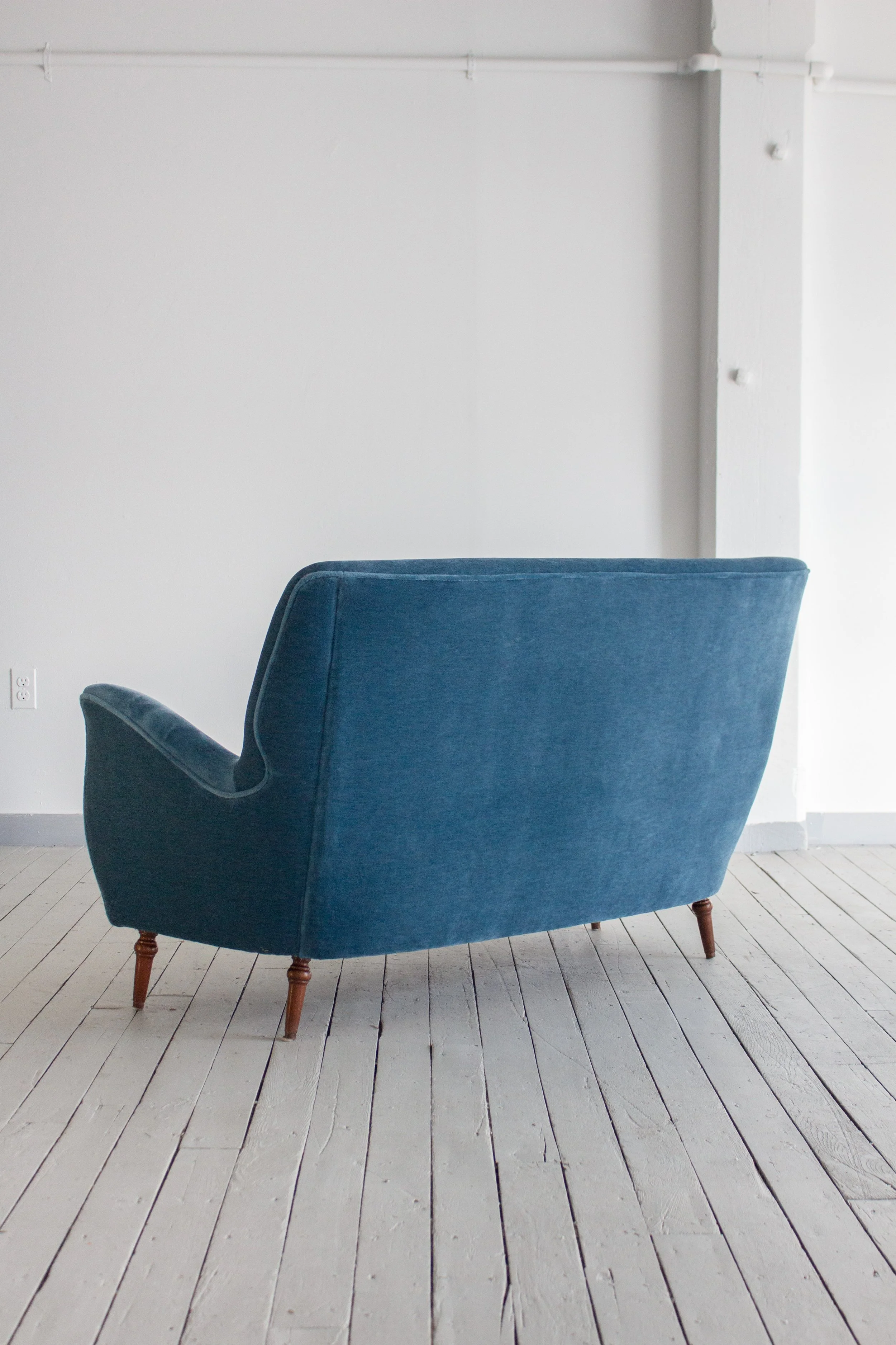 Mid Century Italian Channel Back Sofa in Velvet and Leather — Fenestella