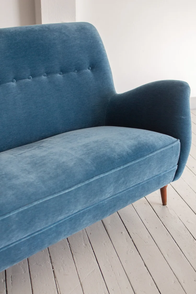 Mid Century Italian Channel Back Sofa in Velvet and Leather — Fenestella