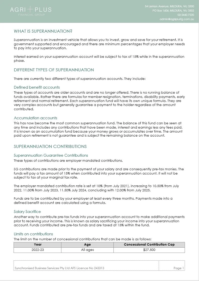 Superannuation Accumulation Resources — AGRI PLUS FINANCIAL GROUP